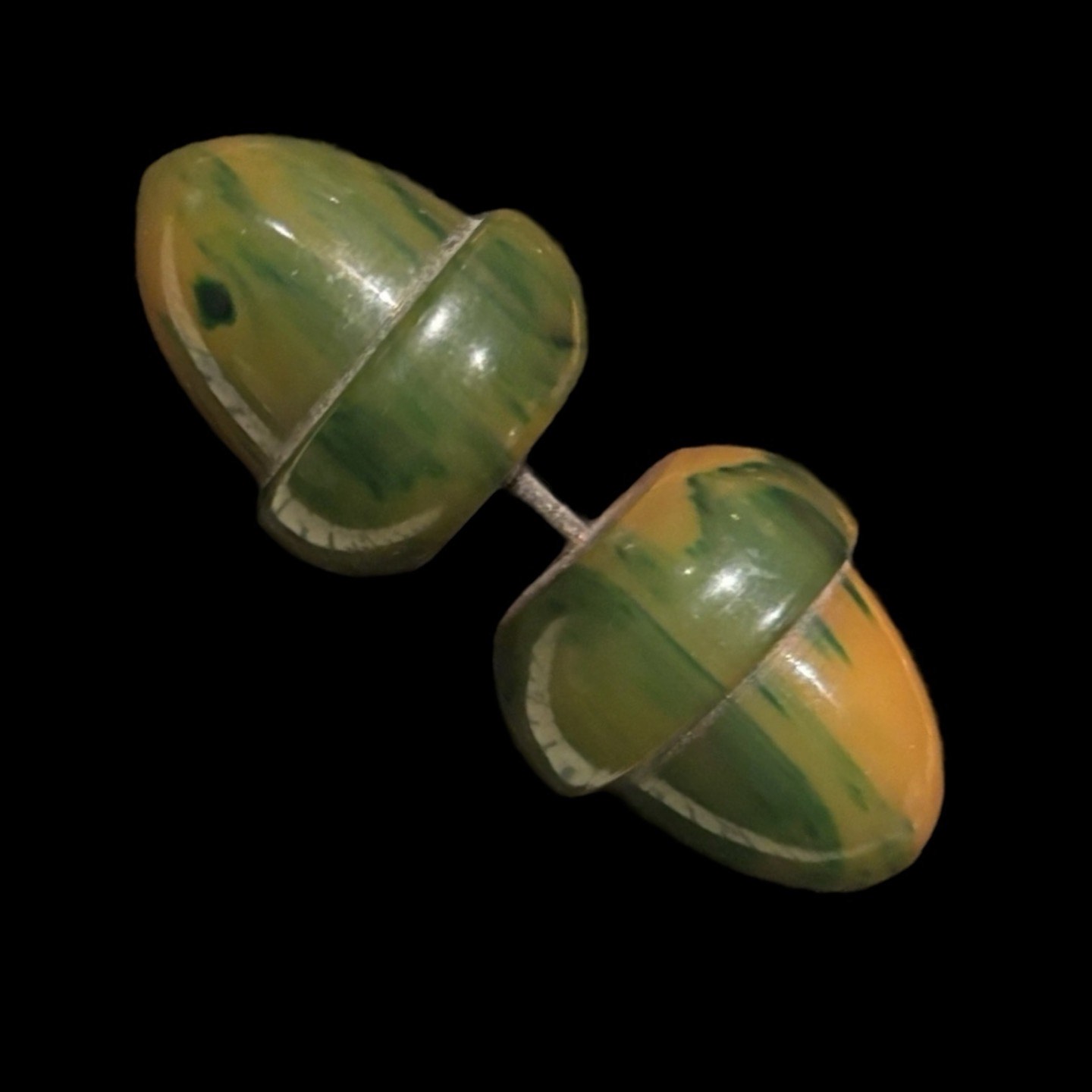 Bakelite Acorn Stick Pin 2.5” Green And Yellow Swirl