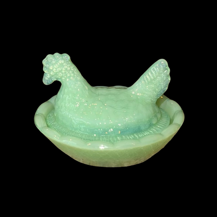 Jadeite Green Glass Hen on Nest Salt Cellar Figurine