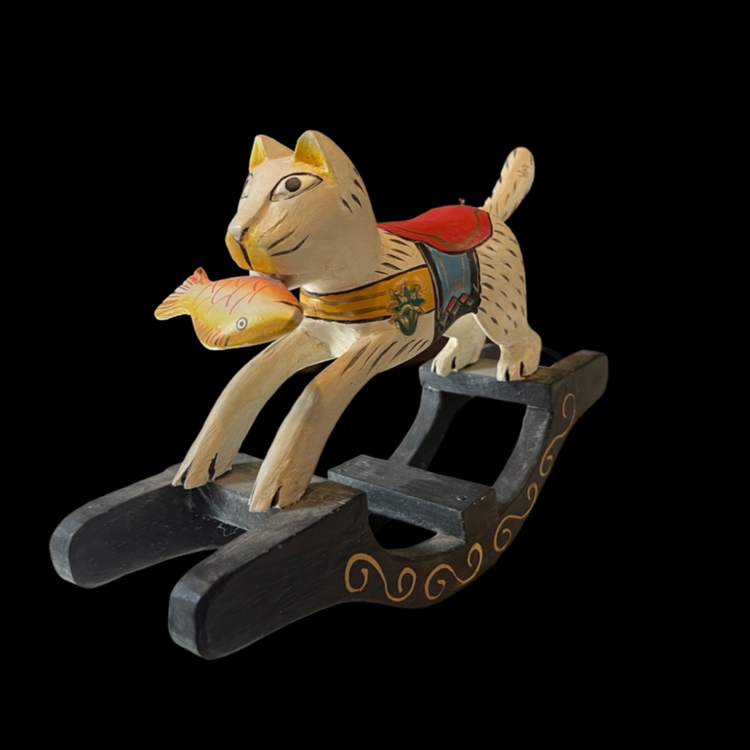 Vintage Rocking Cat, Feline Figurine, Cat with Fish, Eclectic Feline ...