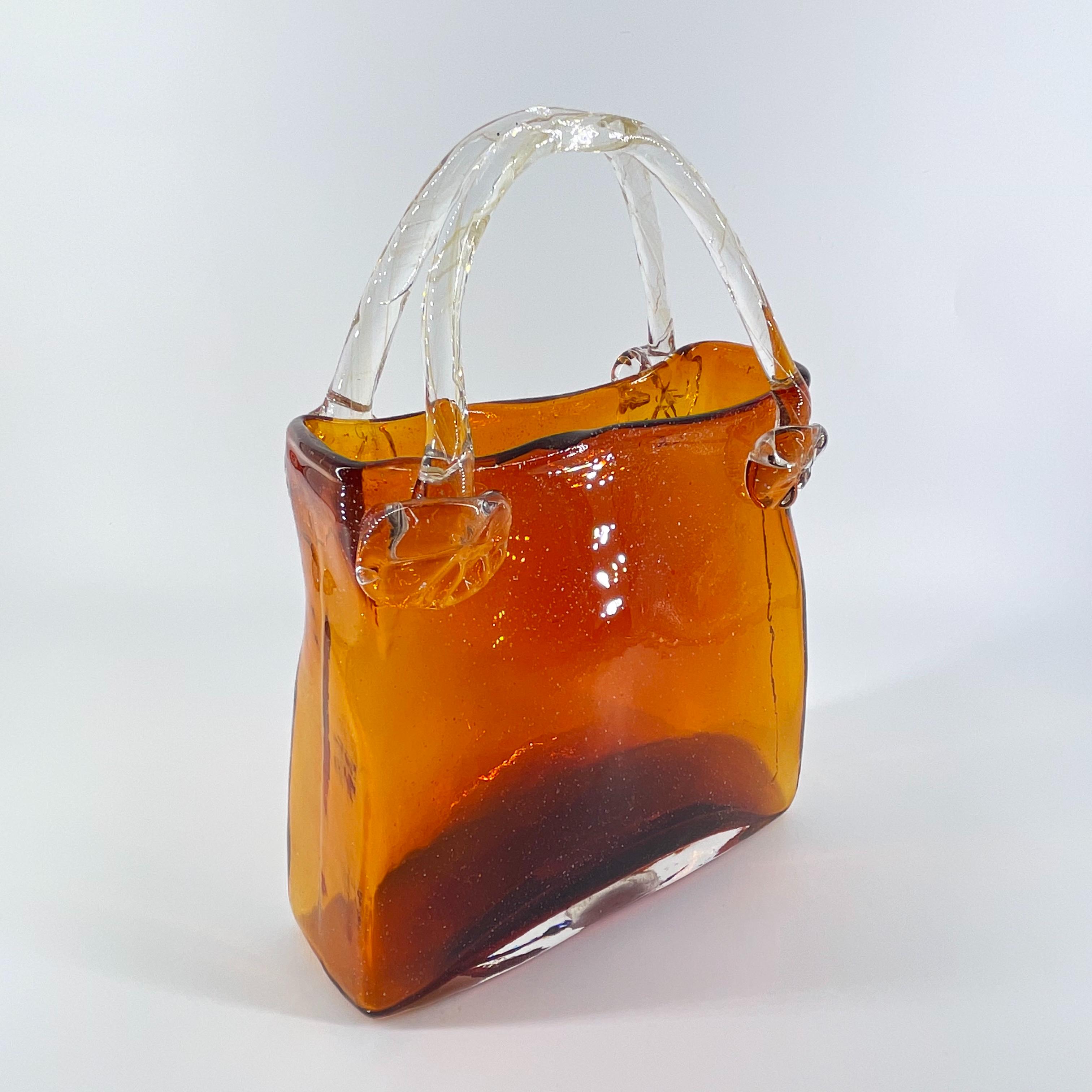 030 Large Amber Glass Purse 11.5" Vase Basket Silver Fleck