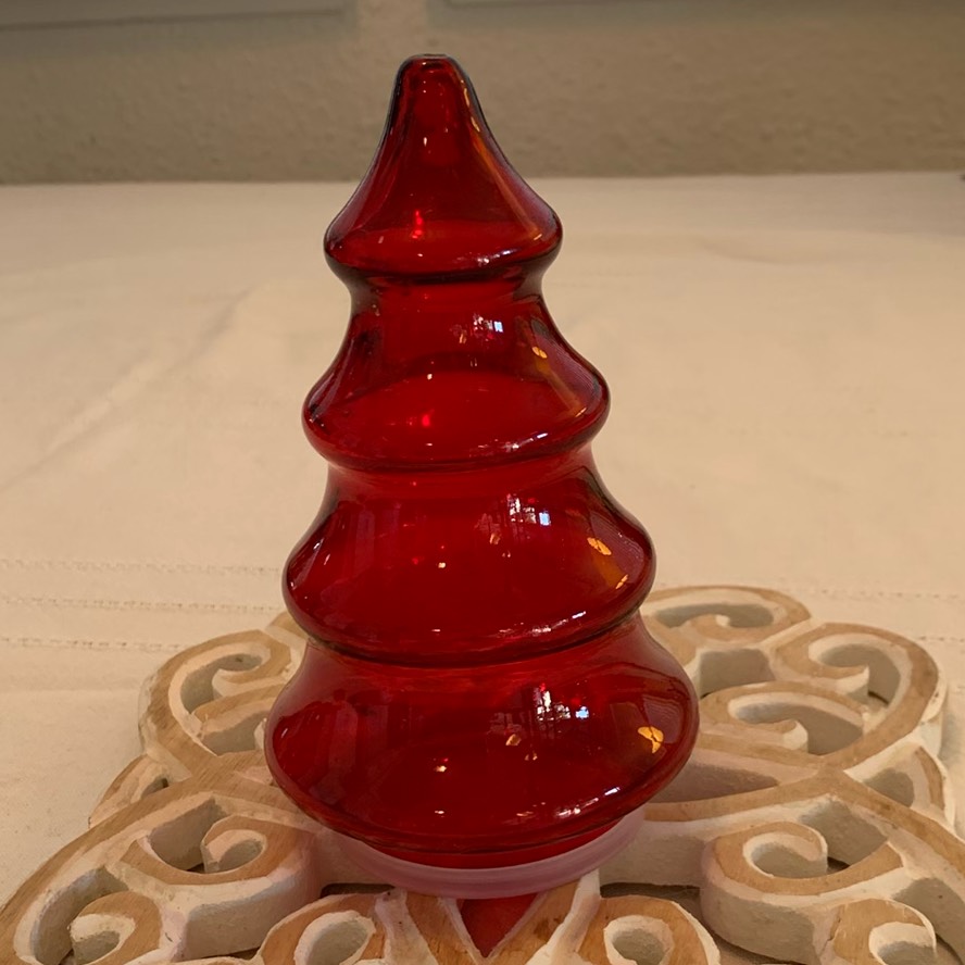 Red Glass Christmas Tree Fillable Jar w/Covered Bottom