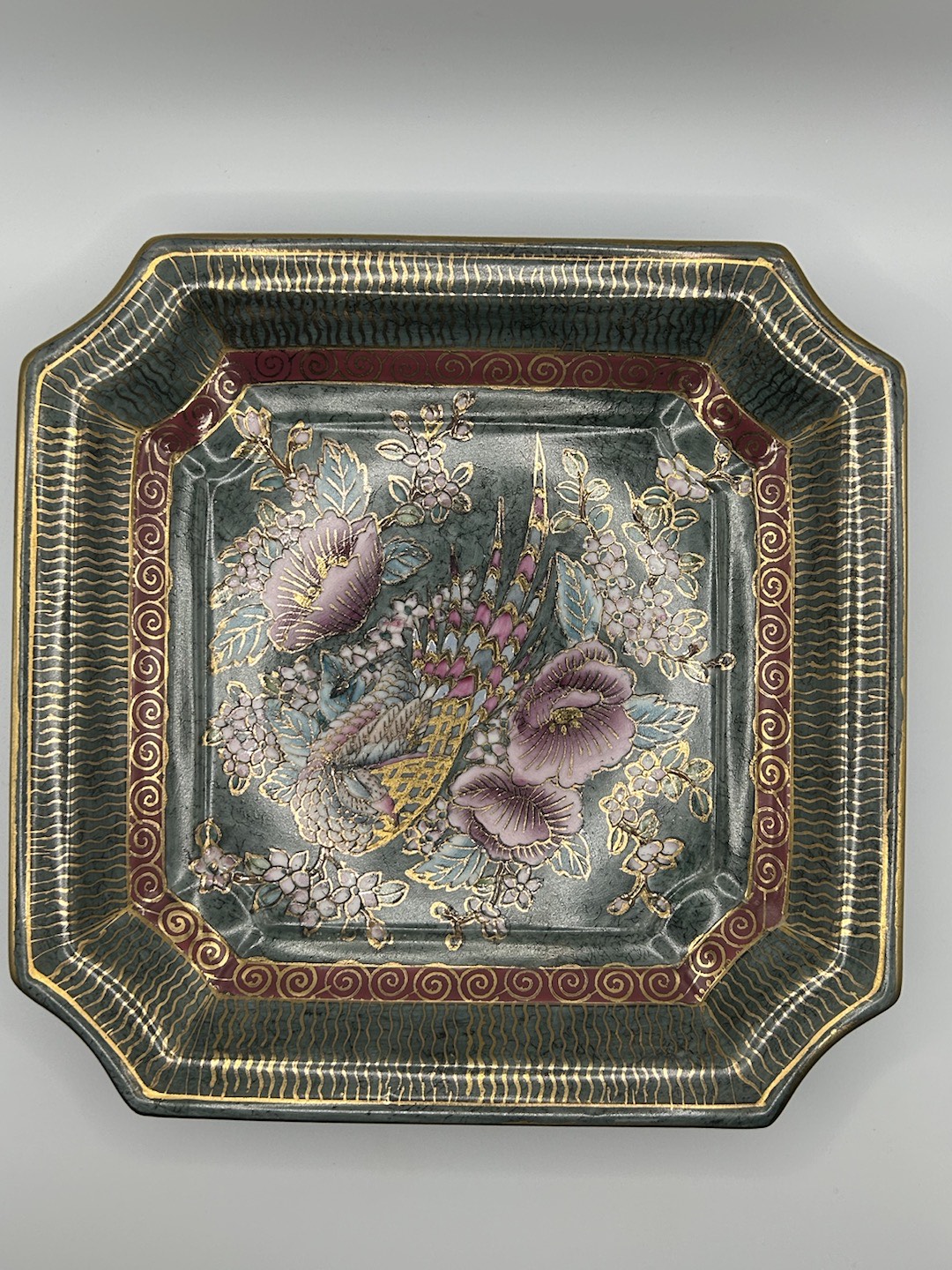 Vintage Chinese Square Decorative Plate With Bird & Gold Accents