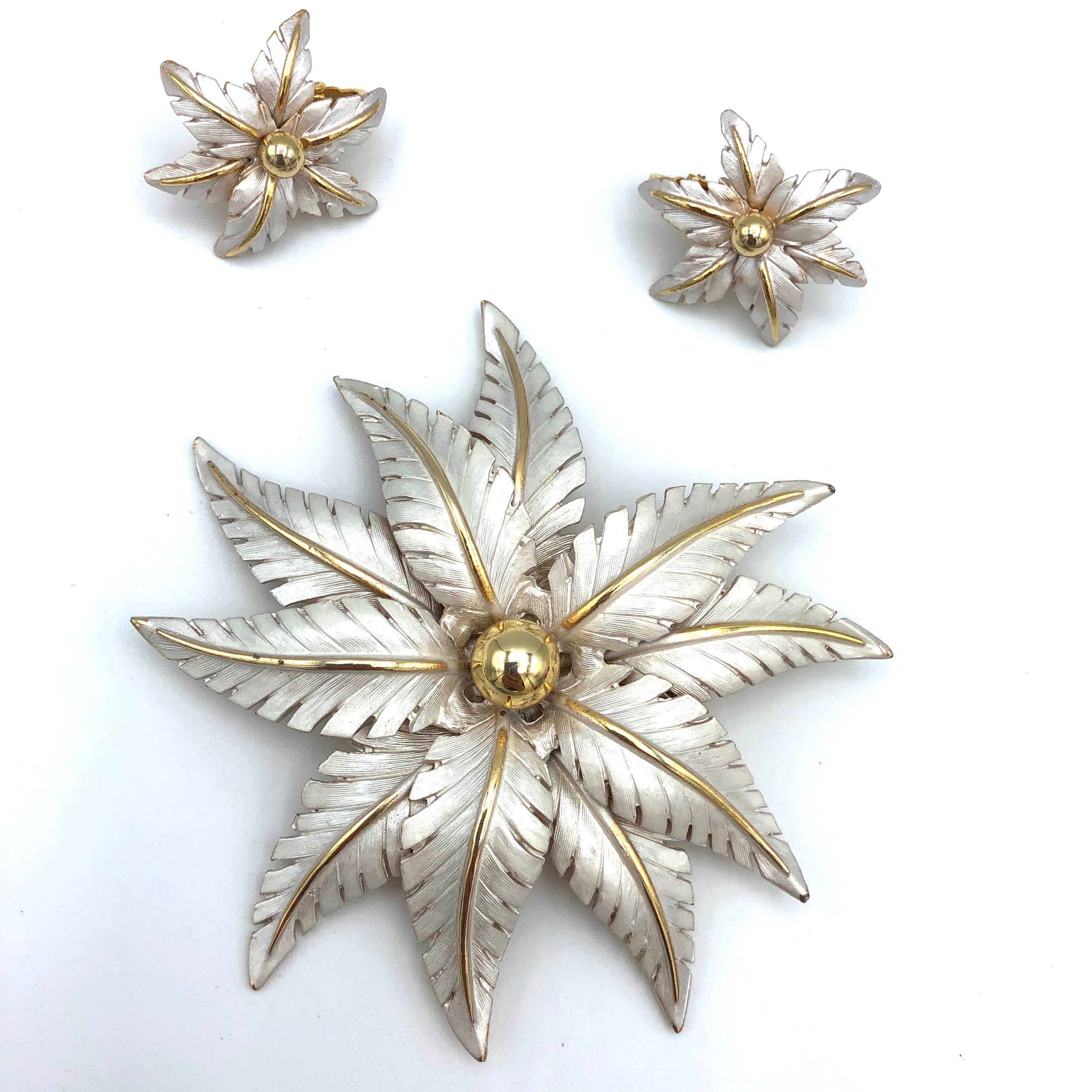Signed Lisa Silver Enamel Starburst Brooch & Earrings, Huge 3"