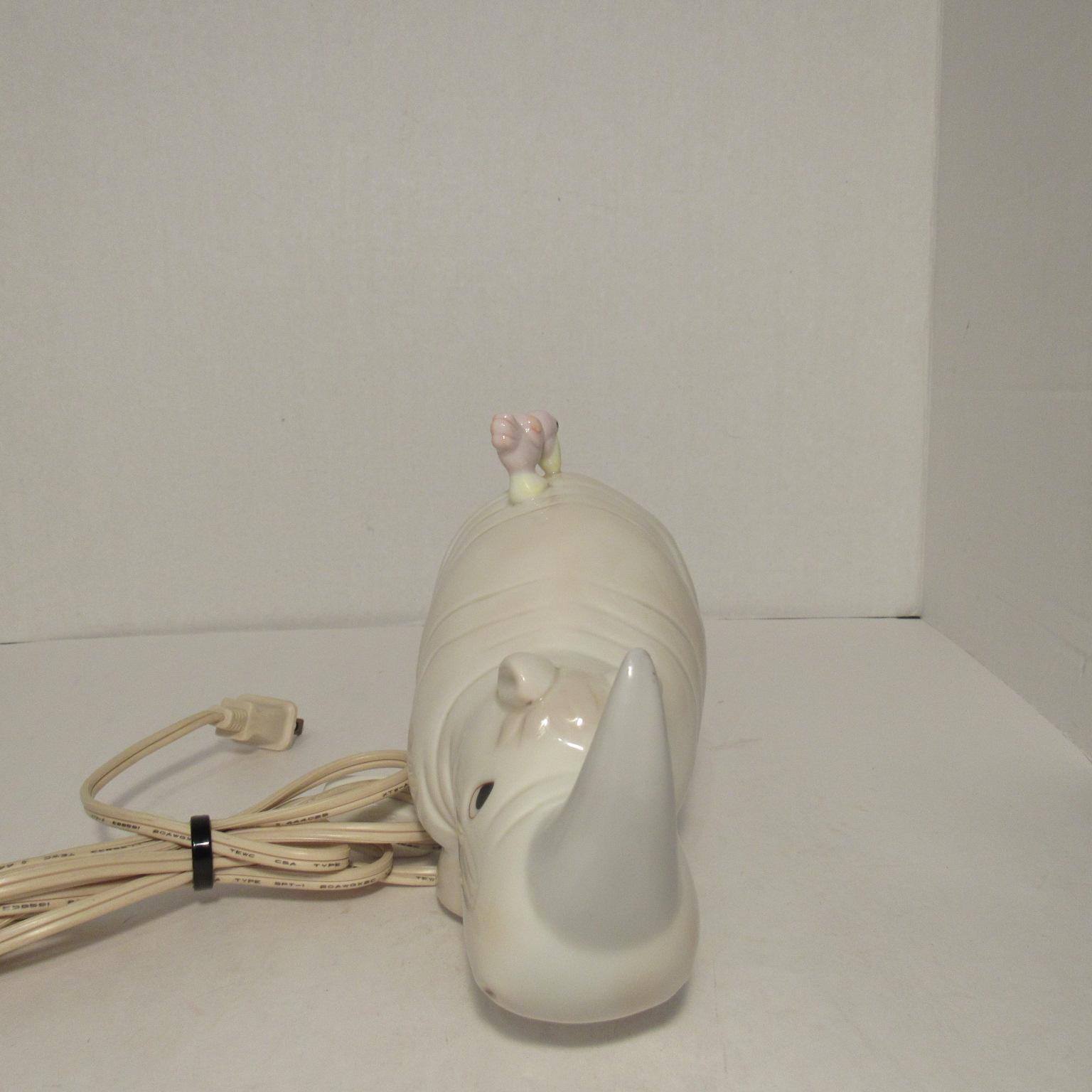 1990 Enesco Vintage Porcelain Rhino w/Bird Night Light Lamp, by S. J ...
