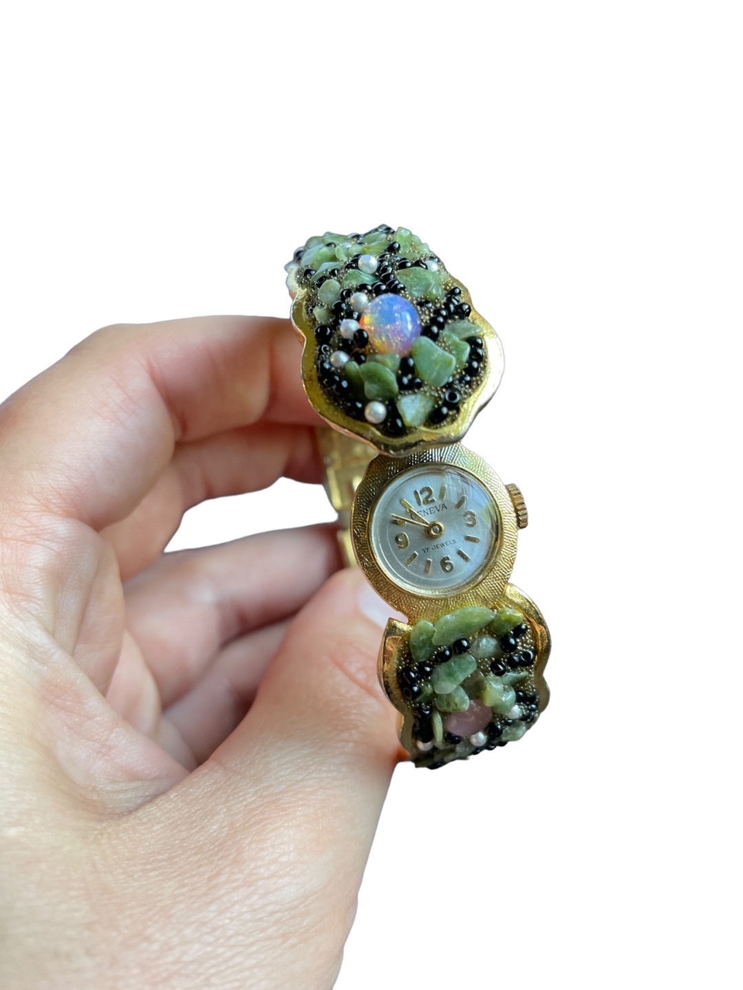 GENEVA 90s Jade Stone Encrusted 'Secret Watch' Bangle Self-Winding