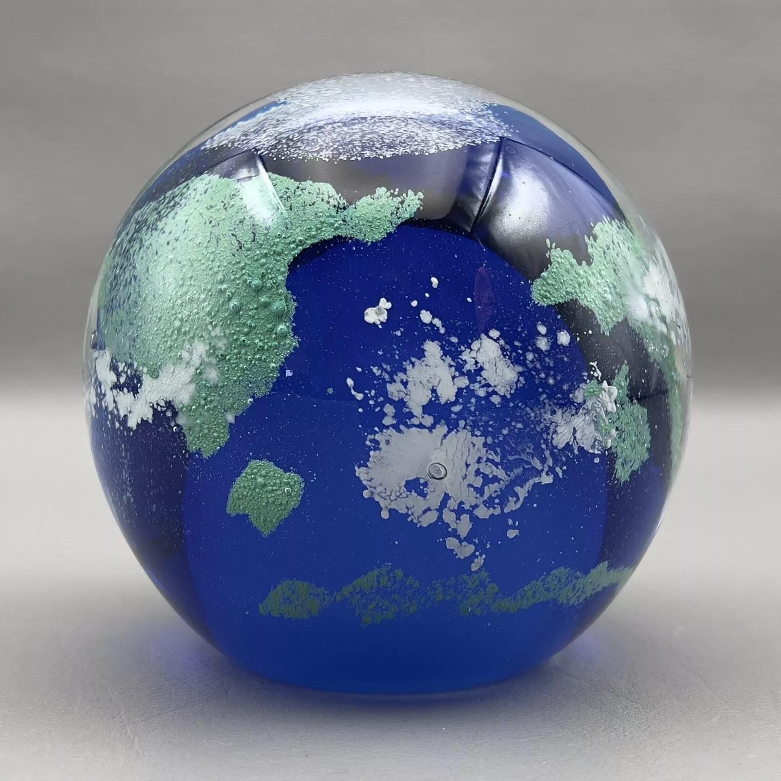Vintage 3.75” Art Glass World Globe Planet Earth Paperweight Heavy Blue