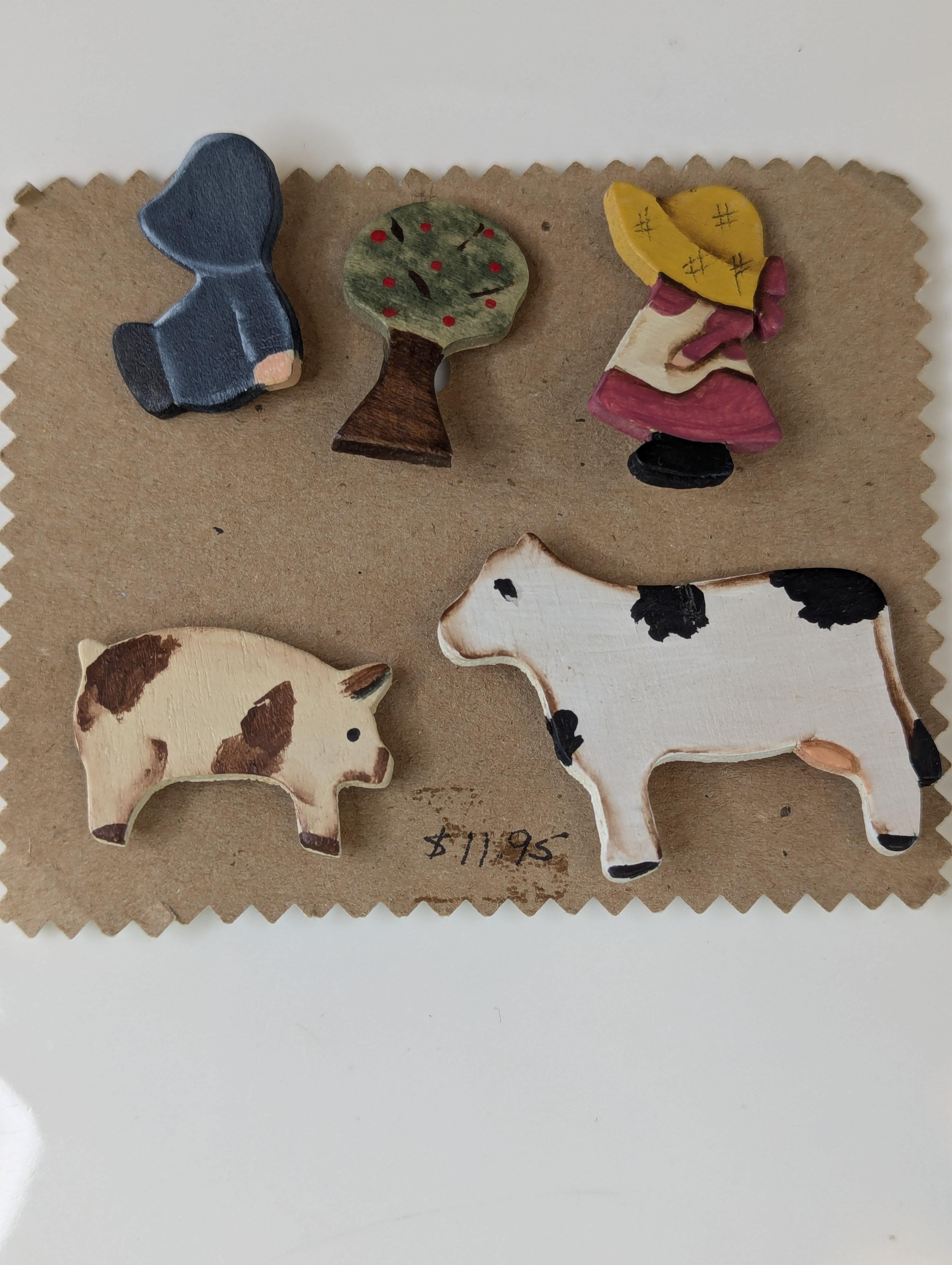 Vintage Wooden Farm Scene Pins, Set of 5, Hand-Painted Country Jewelry