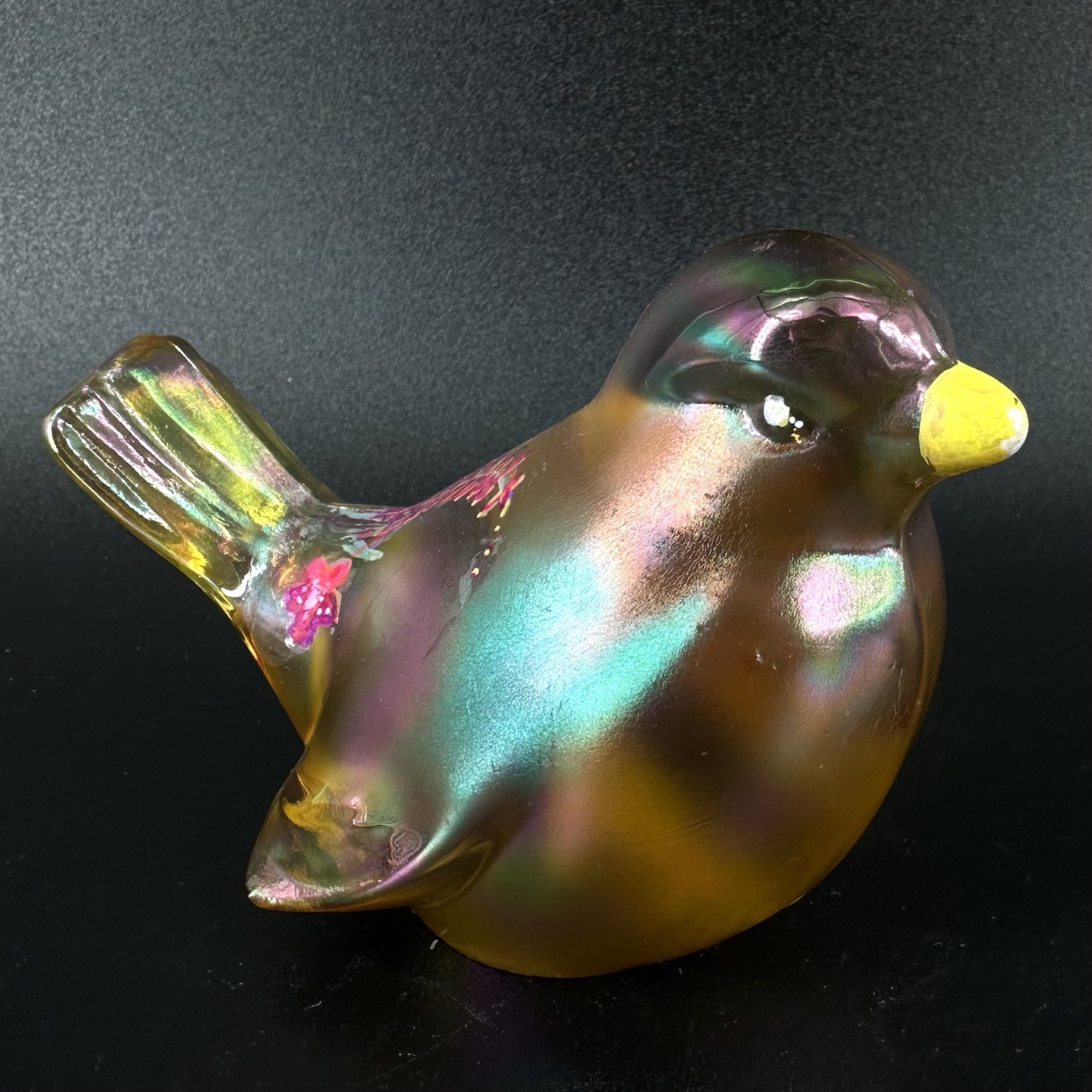 17. Fenton Marigold Carnival Bird Hand Painted Pink Flowers (FS)