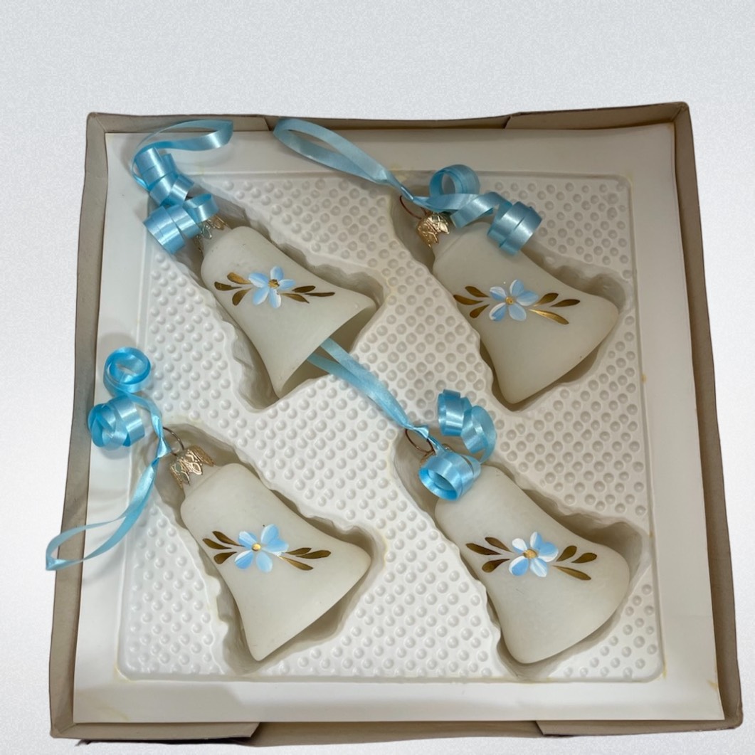 Hand Painted Glass Bell Shaped Ornaments In Box Light Blue Floral with ...