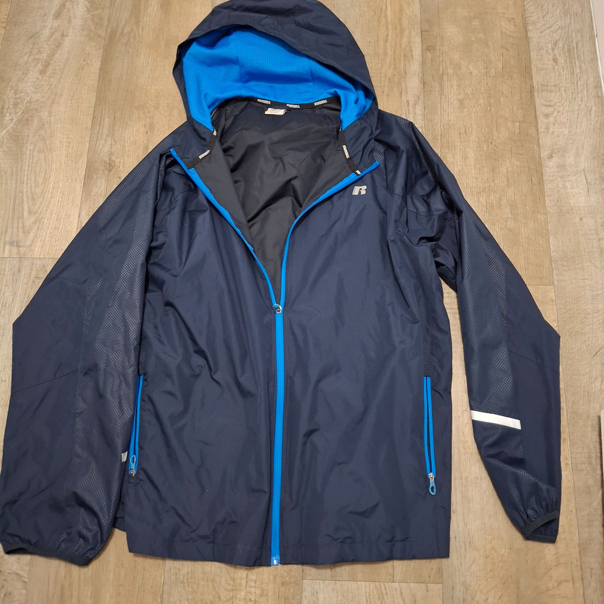 Russell Navy Blue Hooded Lightweight Rain Jacket XL Reflective Strips ...