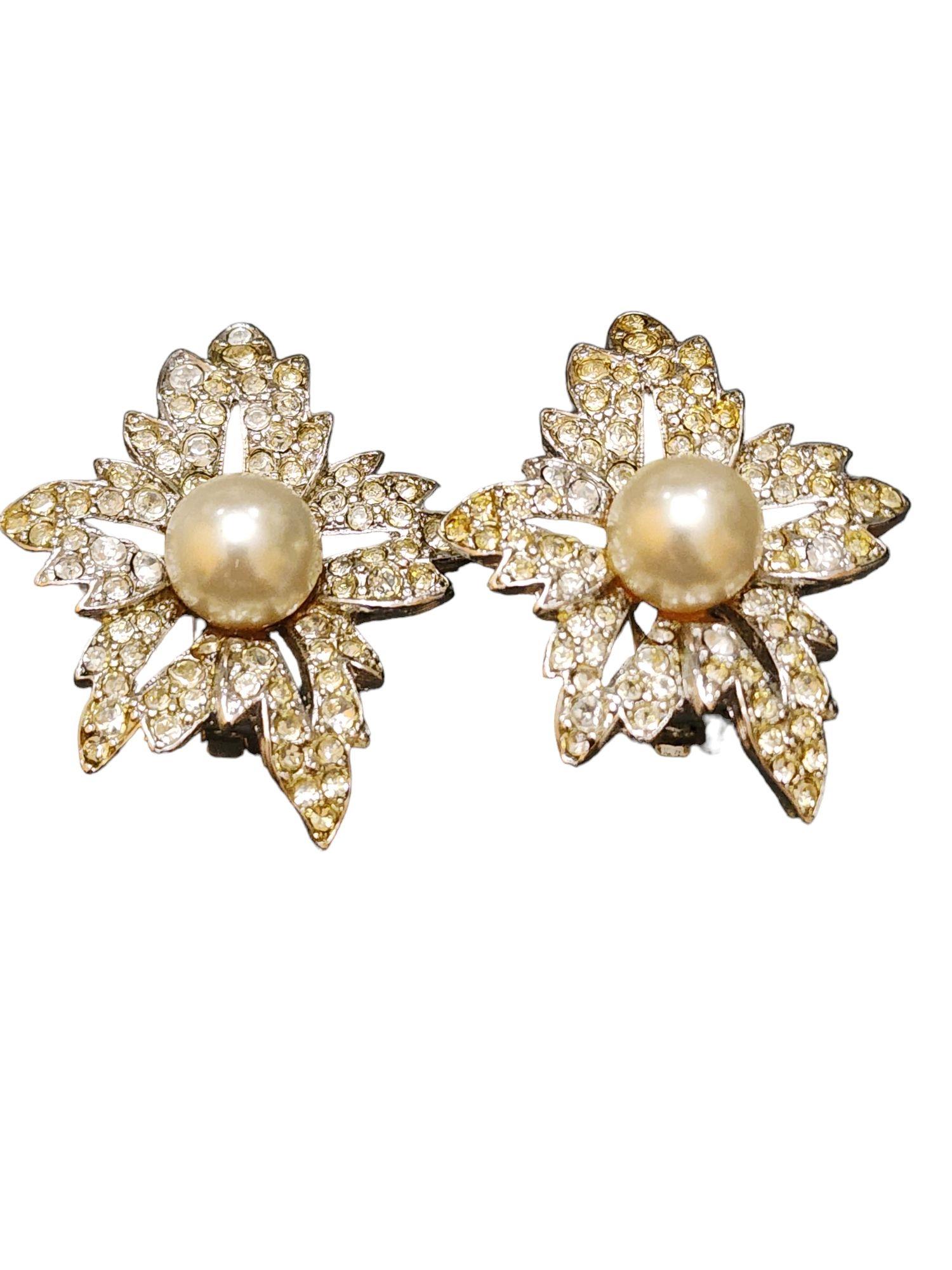 Vintage Signed Rhinestone and Pearl Fancy KJL Clip On Earrings (A4603)