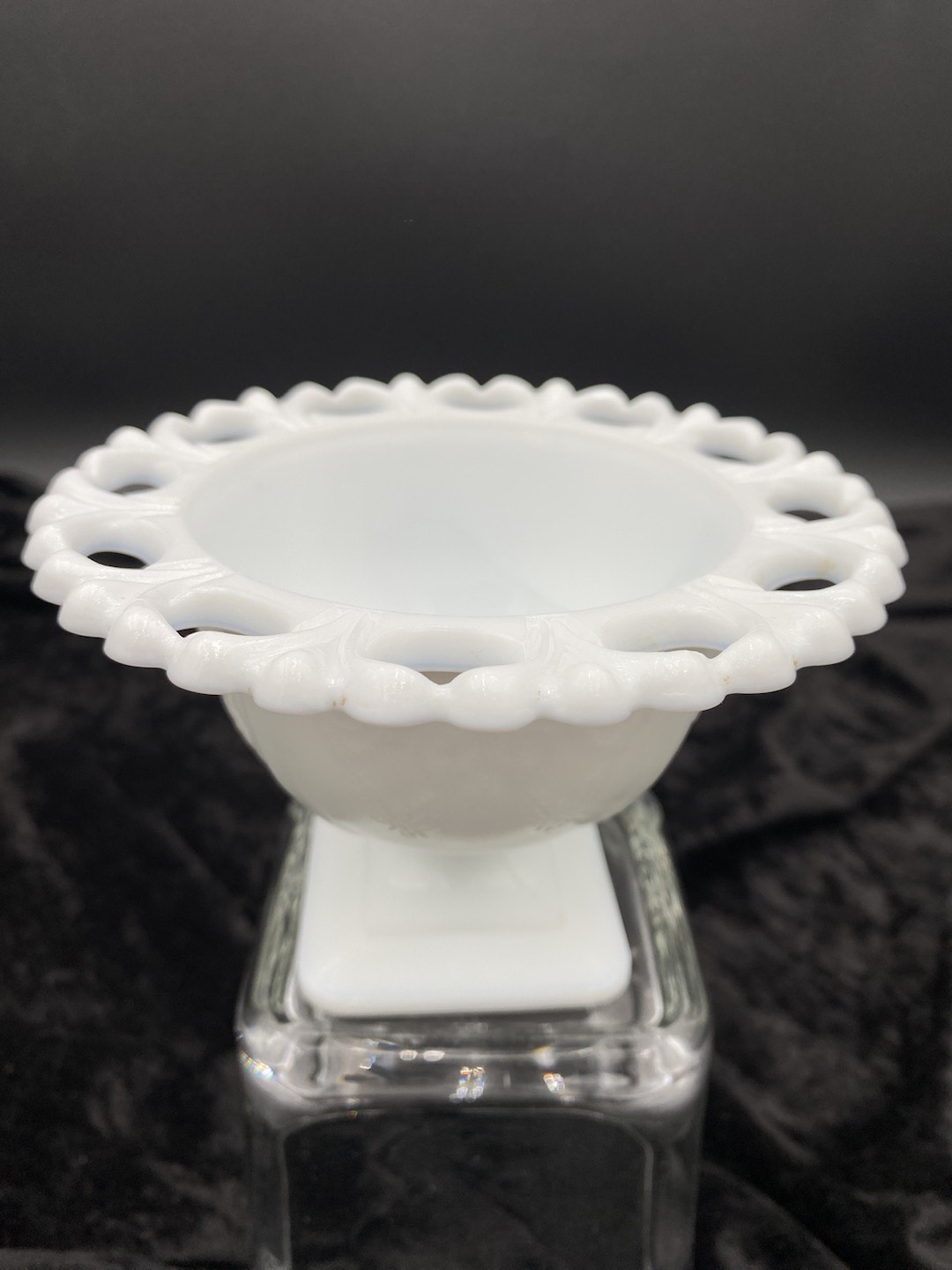 Vintage Indiana Glass, Lorain Pattern, Milk Glass Lace Edge Compote ...