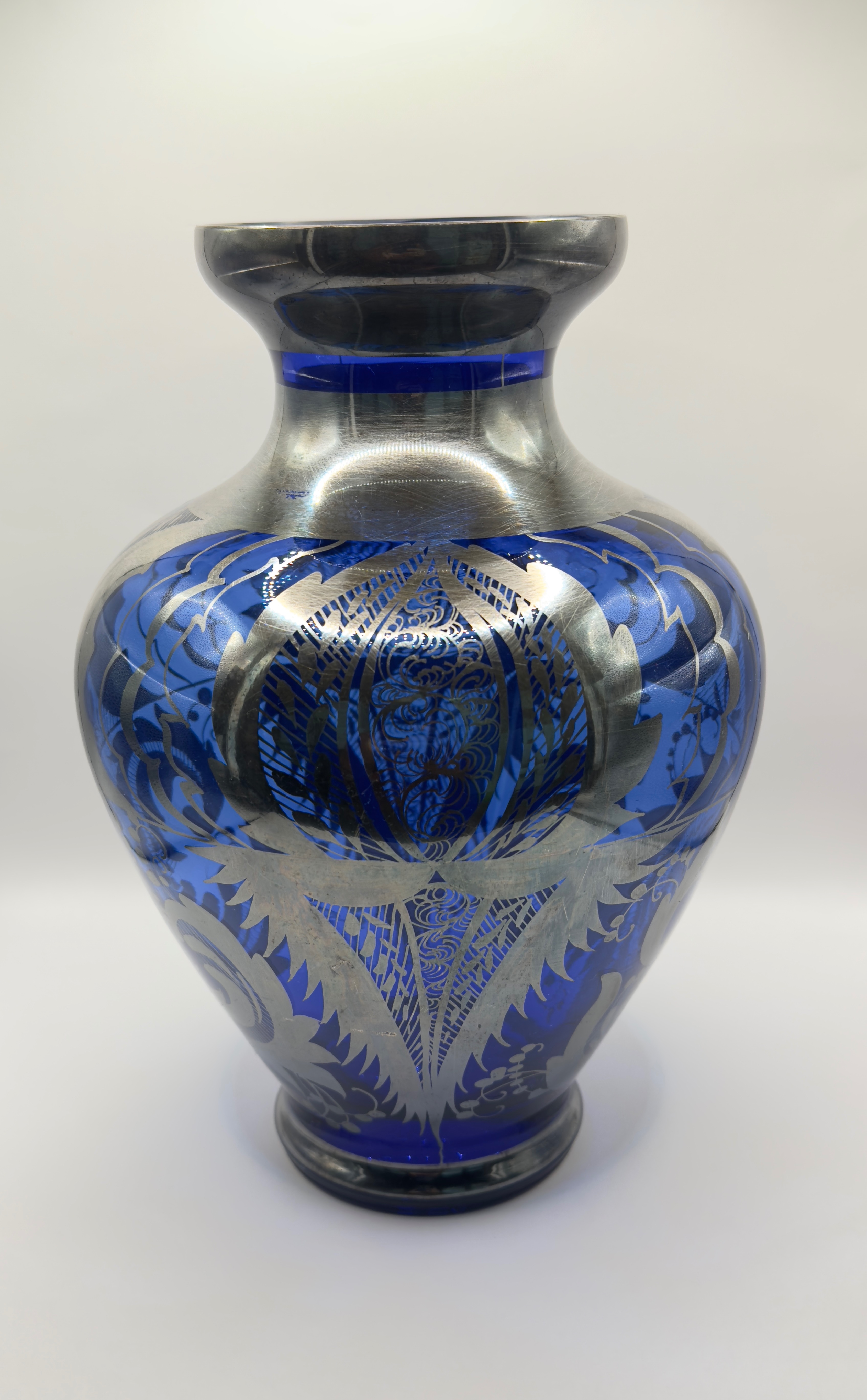 Vintage Murano Style Cobalt Blue & Silver Inlay Glass Vase, Intricate ...