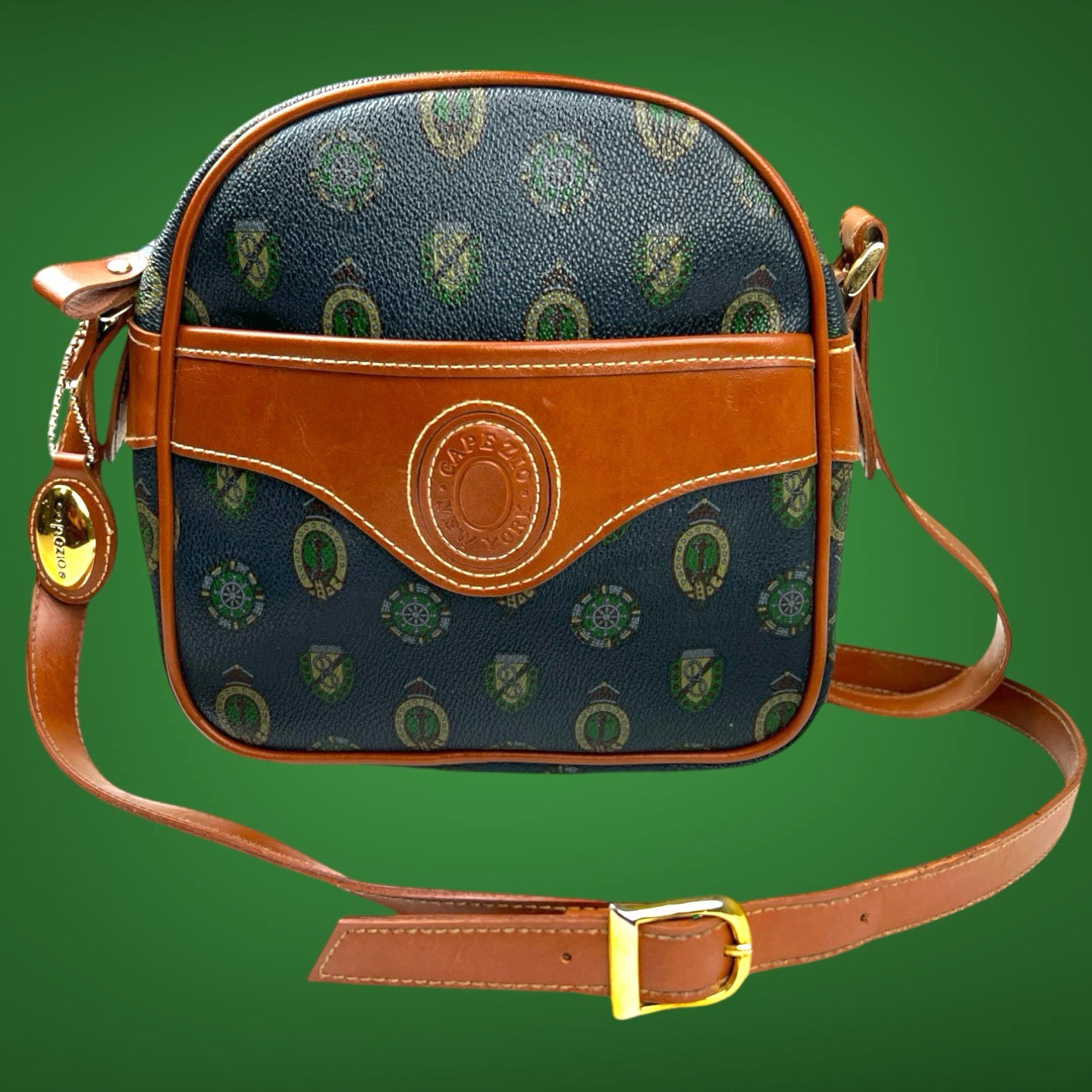 Vintage Capezio Logo Nautical Preppy 80s Navy Blue Tan Crossbody Bag Purse