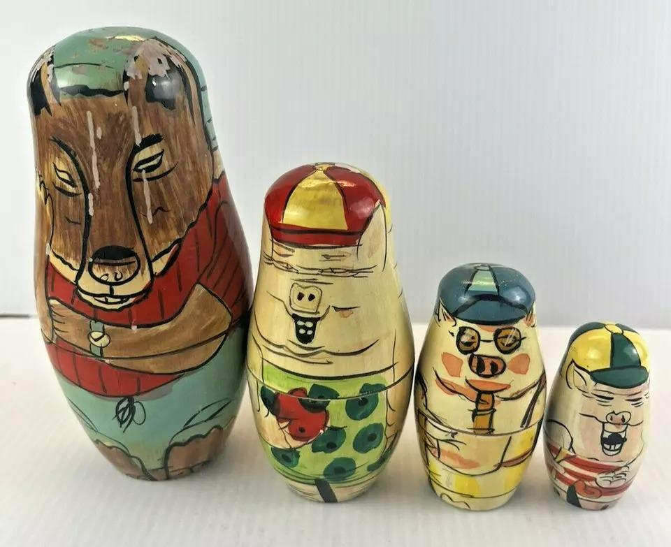 Vintage The Three Little Pigs Wolf Wood Nesting Dolls RARE Hand Painted ...
