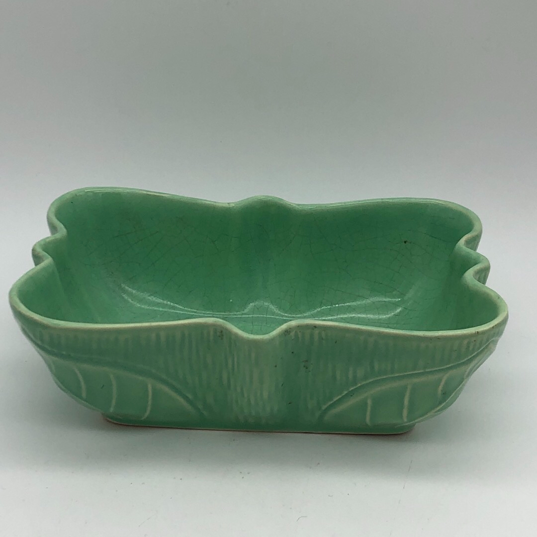 Vintage CA Pottery-style Planter Leaves Aqua Green Curvy Rectangle