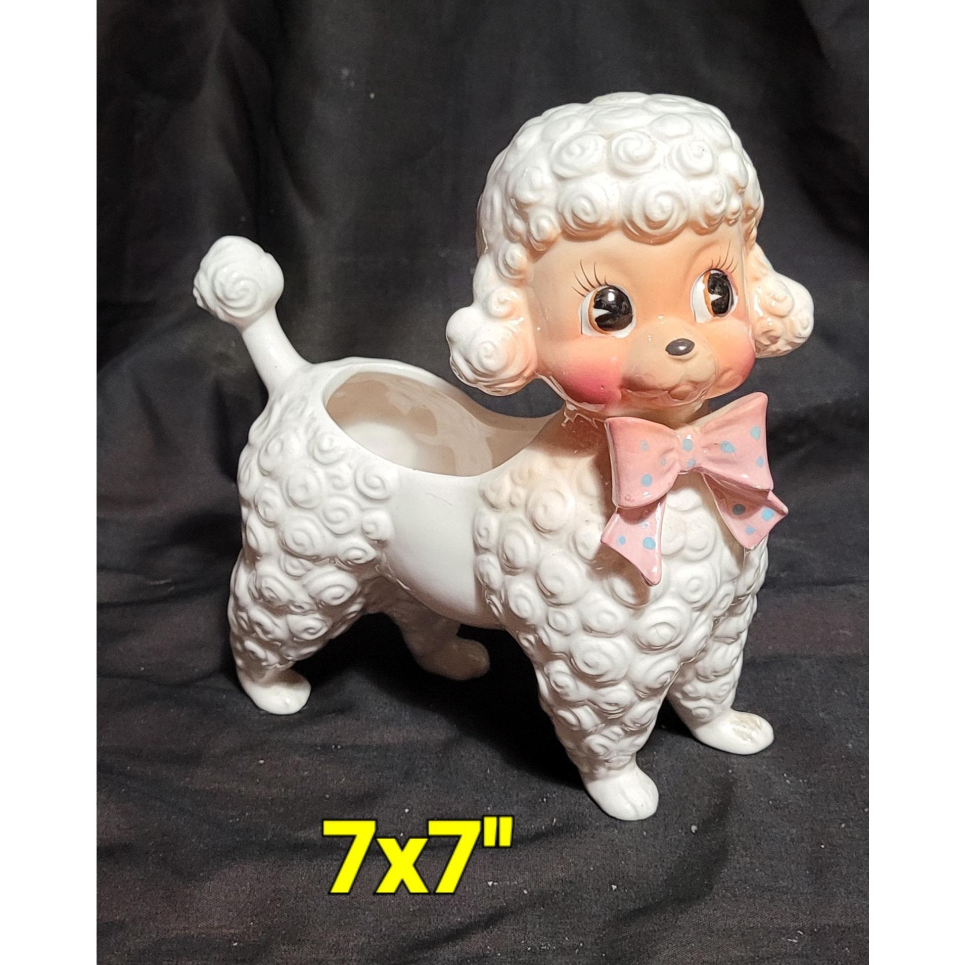 Adorable Vintage Relpo Poodle Ceramic Planter with Pink Bow