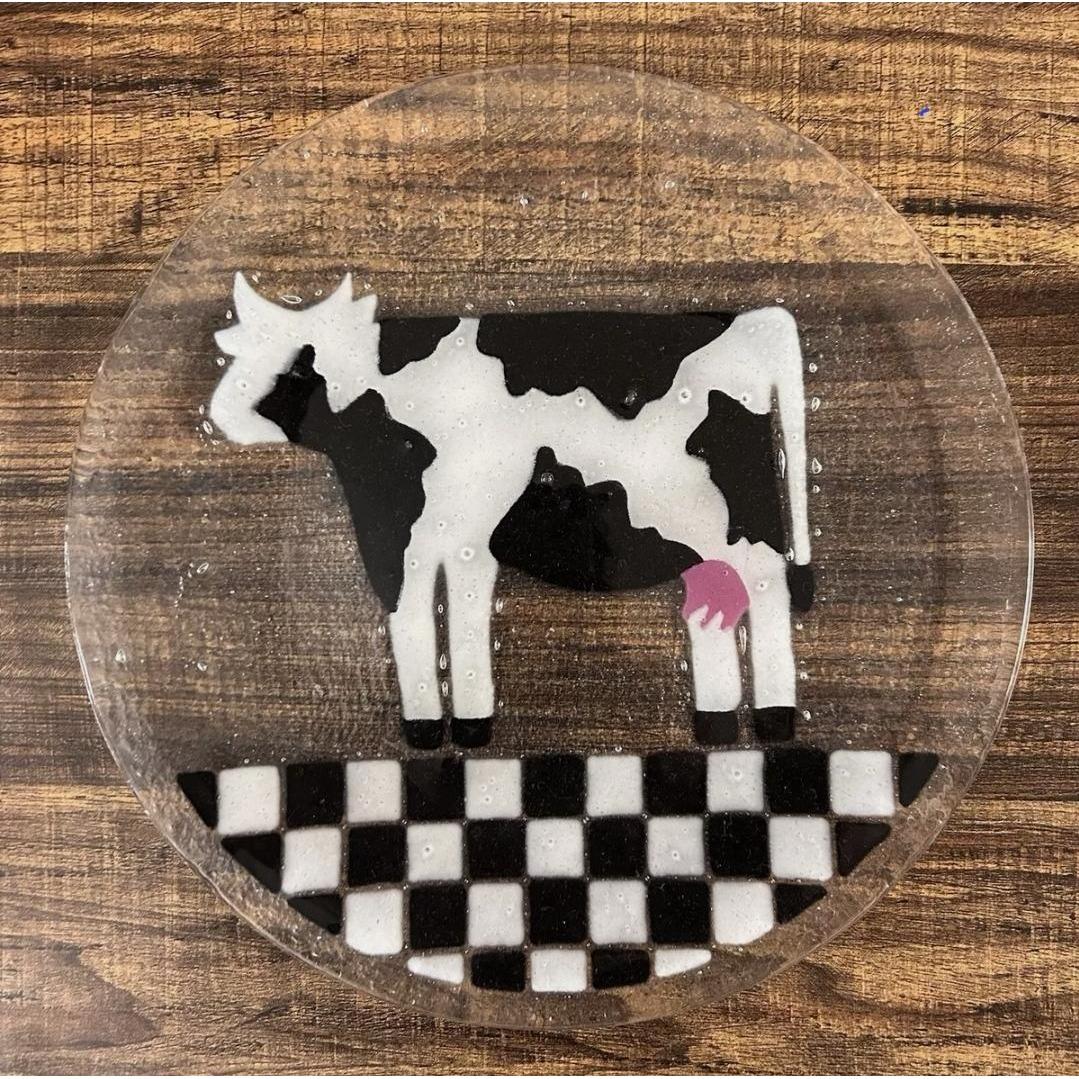 Peggy Karr Checkerboard Cow 11" Round Platter Fused Glass Signed