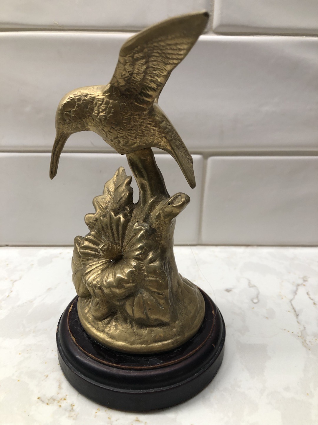 Vintage Brass Hummingbird On Wood Base