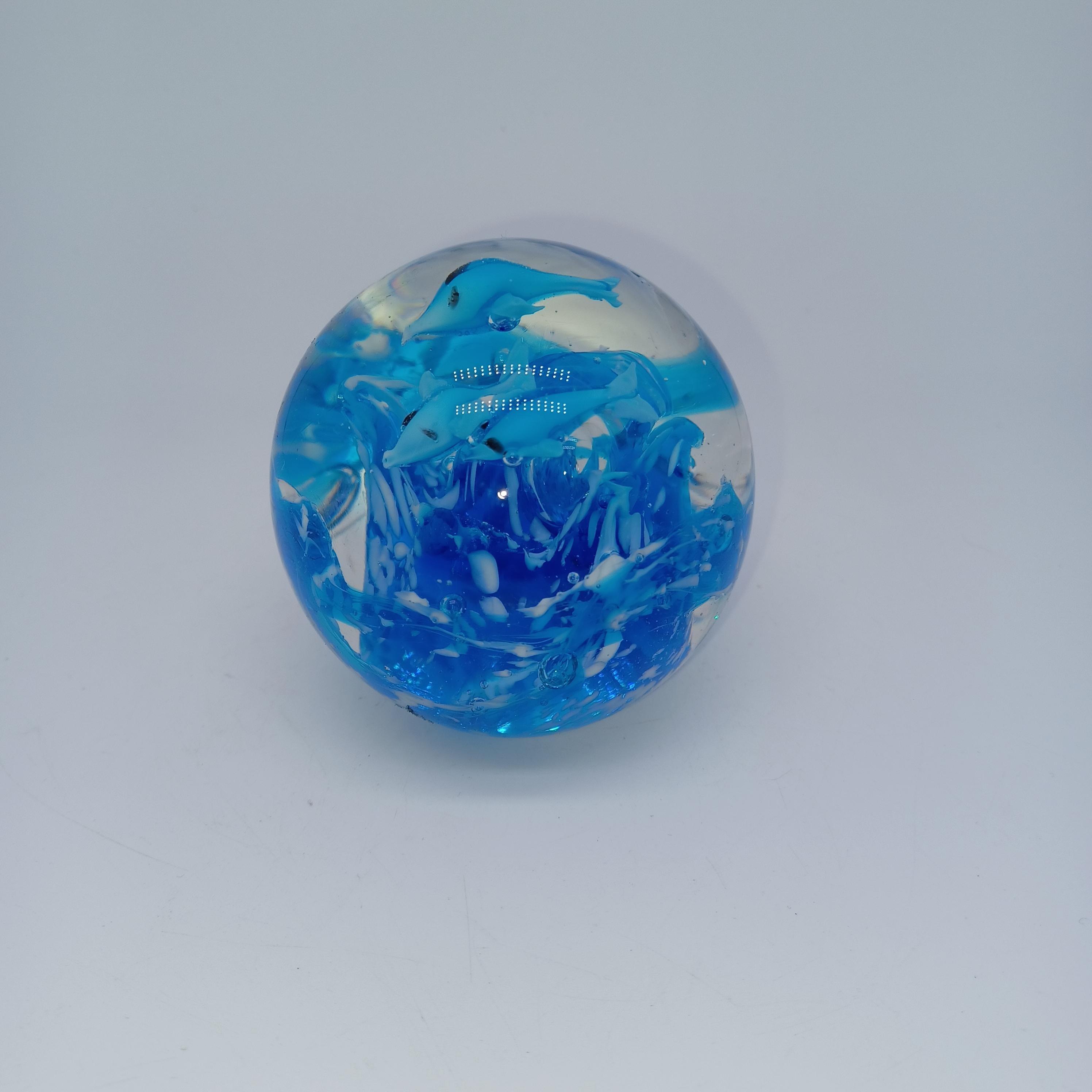 Vintage Glass Art Paperweight Blue Dolphins in Ocean 2.75in