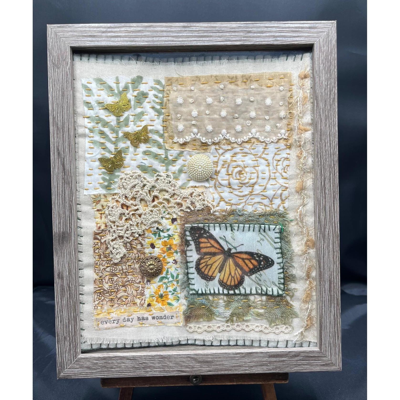 Made By Me Hand Sewn Fabric Collage Framed Art “Monarch”