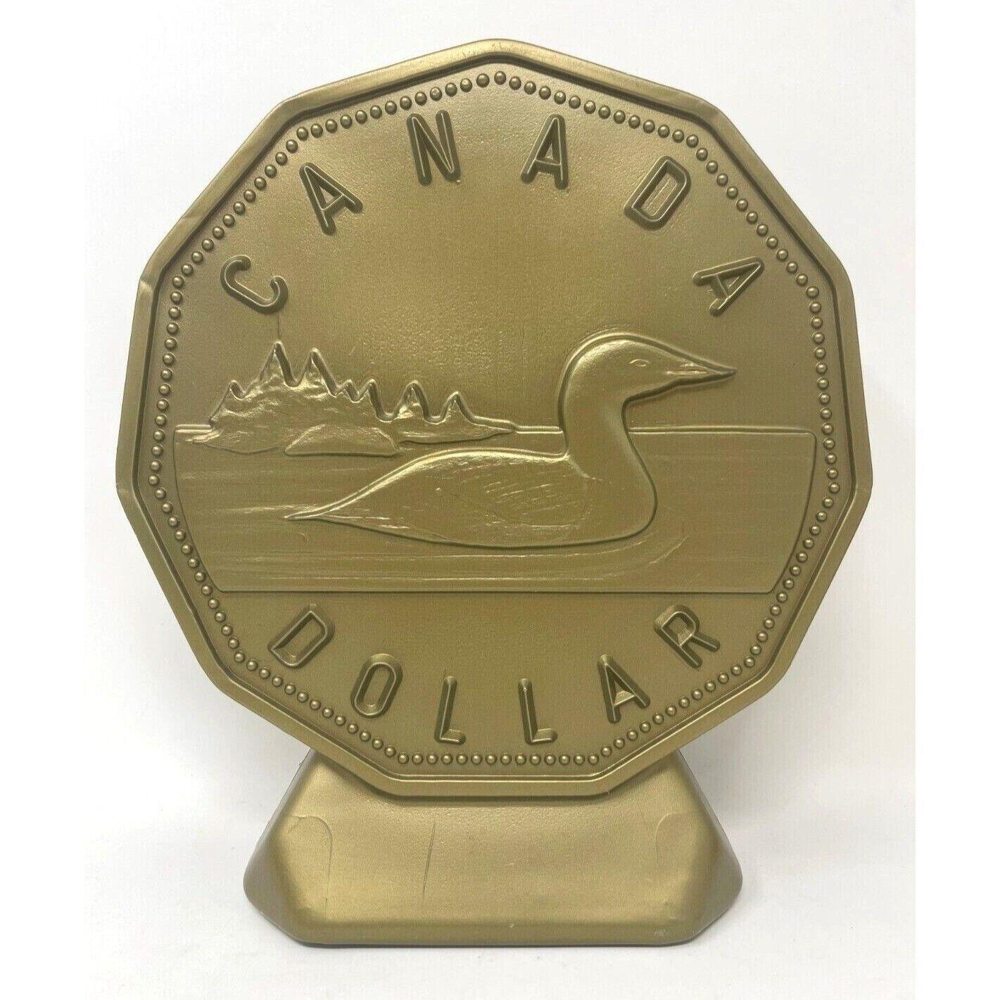 1990s Vintage Canadian Loonie Piggy Bank, Gold Plastic Canada Dollar Coin