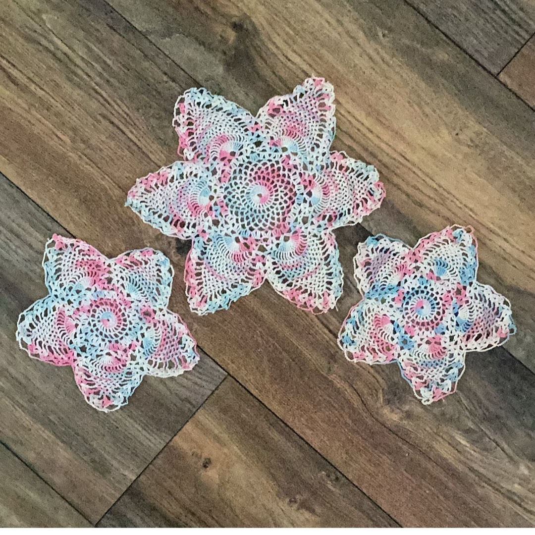 Beautiful White Pink And Blue Star Crocheted Doilies