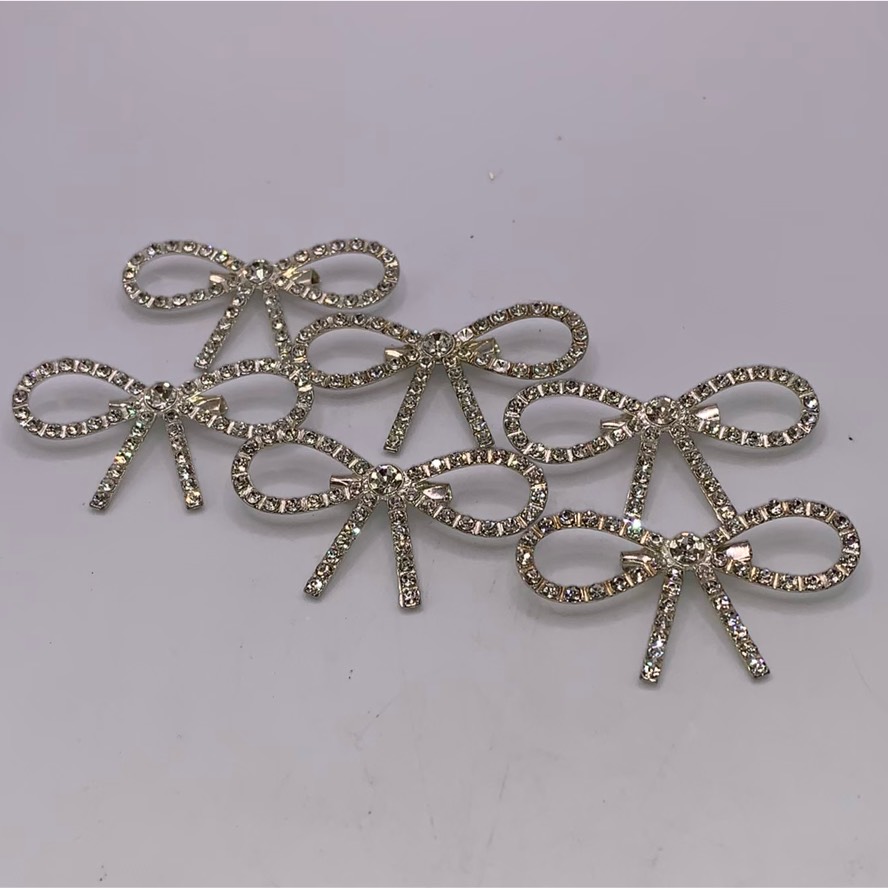 Six Rhinestone Bow Brooches 2” Wide Hook Clasp