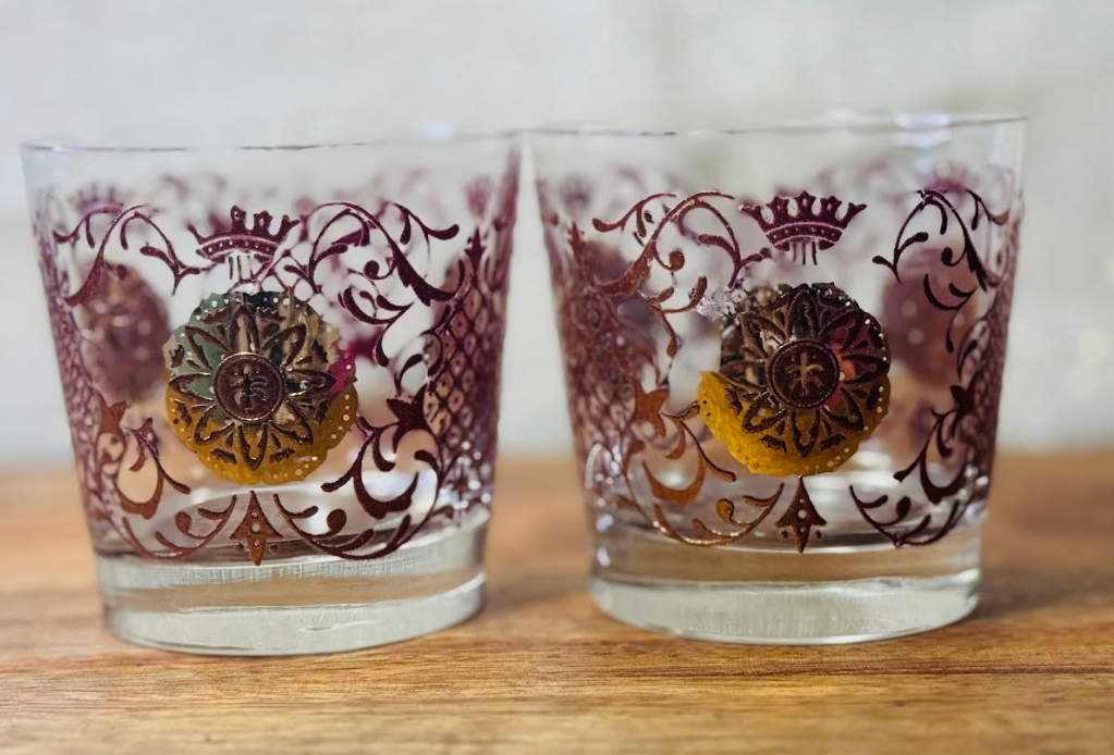 LIBBEY CROWN COLLECTION COPPER SCROLL ROCKS GLASS SET OF 2 MCM