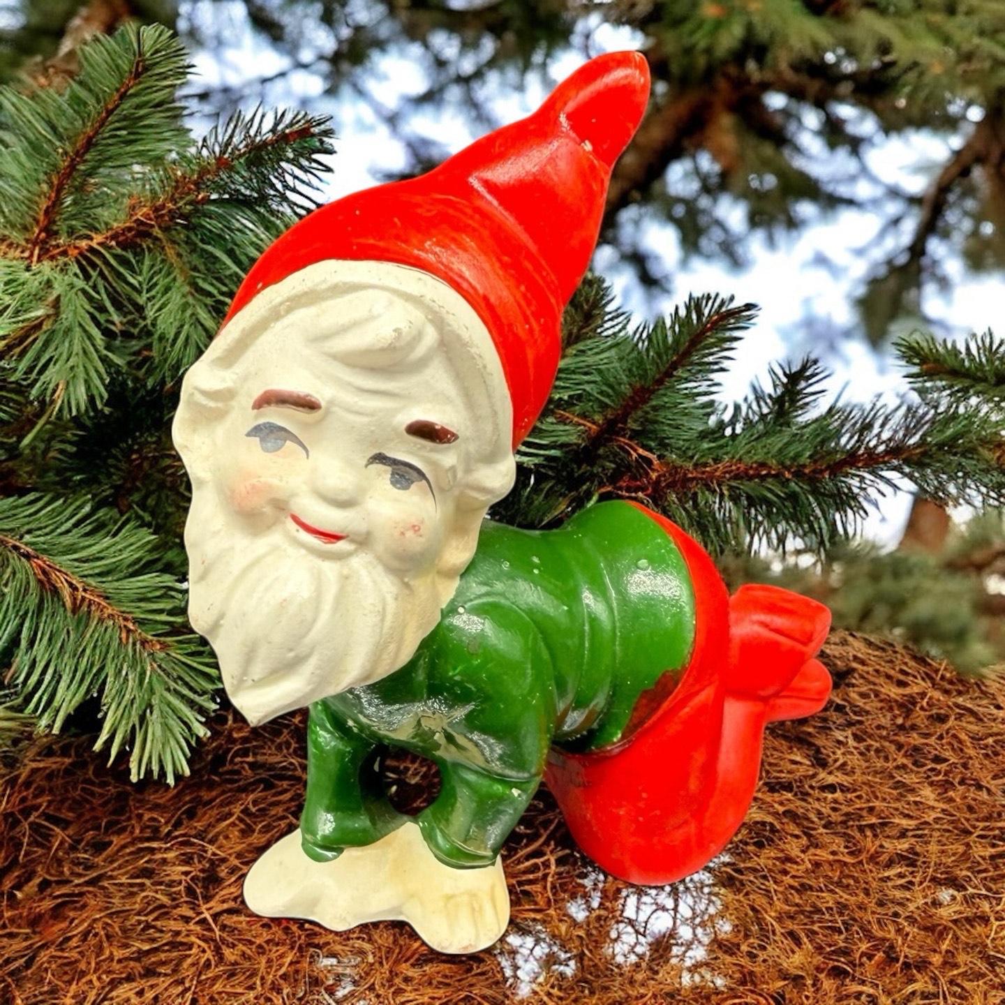Vintage Christmas Santa Gnome Elf Crawling Chalkware Figurine Japan Mid ...