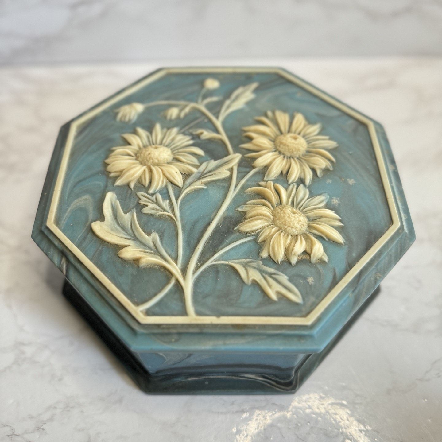 Vintage Blue Incolay Soapstone Floral Octagon Large Trinket/Jewelry Box