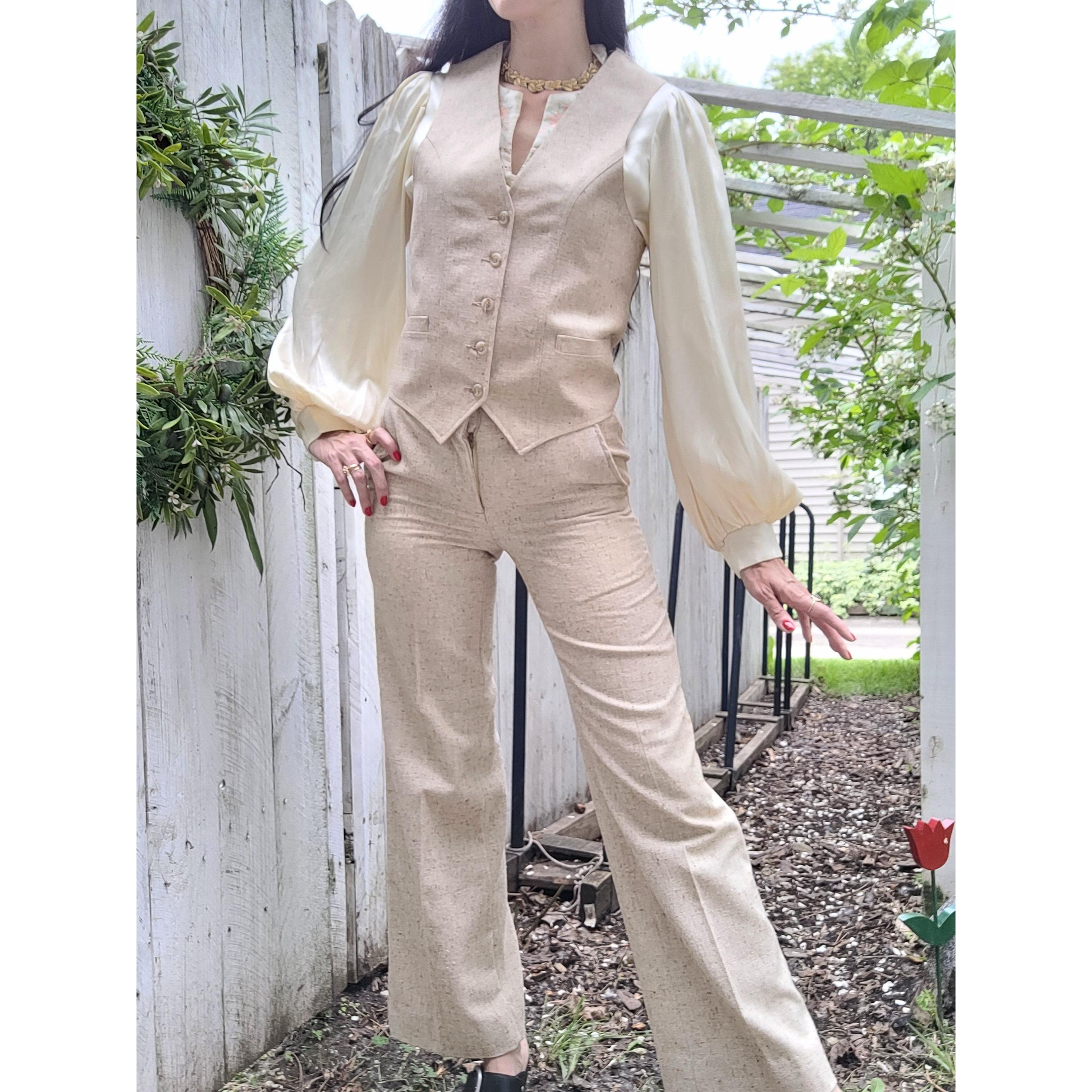 Vintage 70s Retro Chess King Beige Button Down Vest & Wide Leg Pants ...