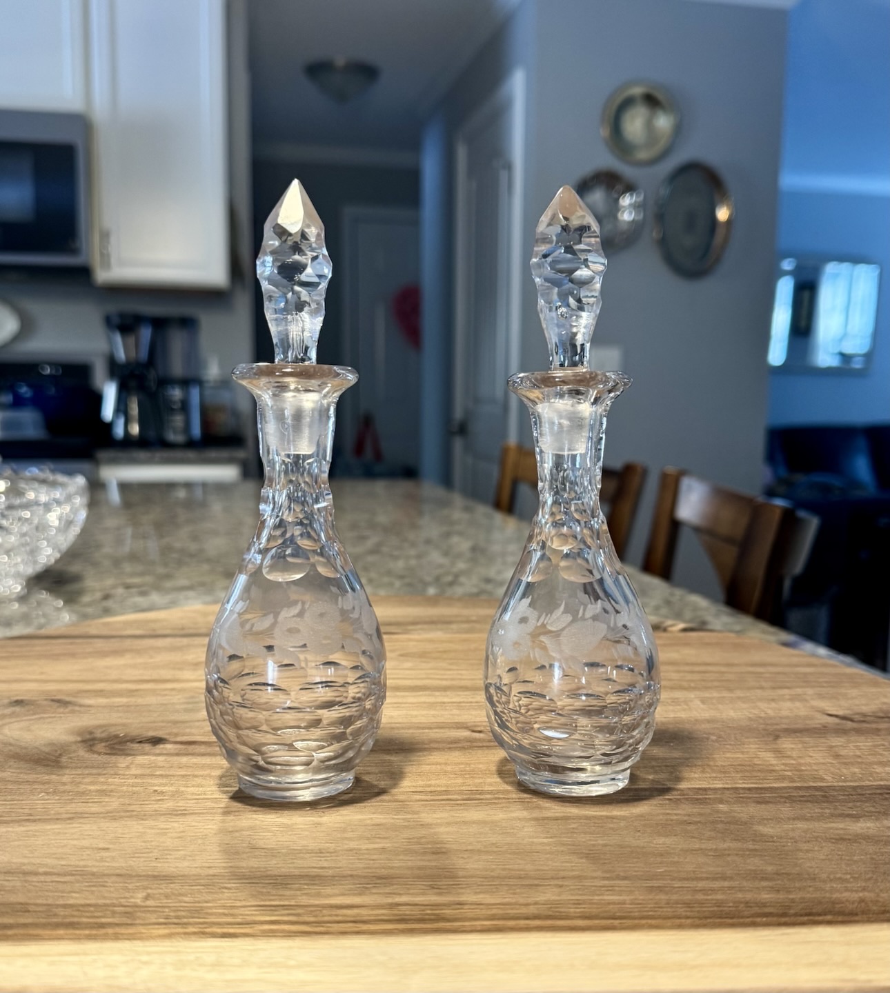 Pair Of Vintage Cut/ Etched Small Decanters