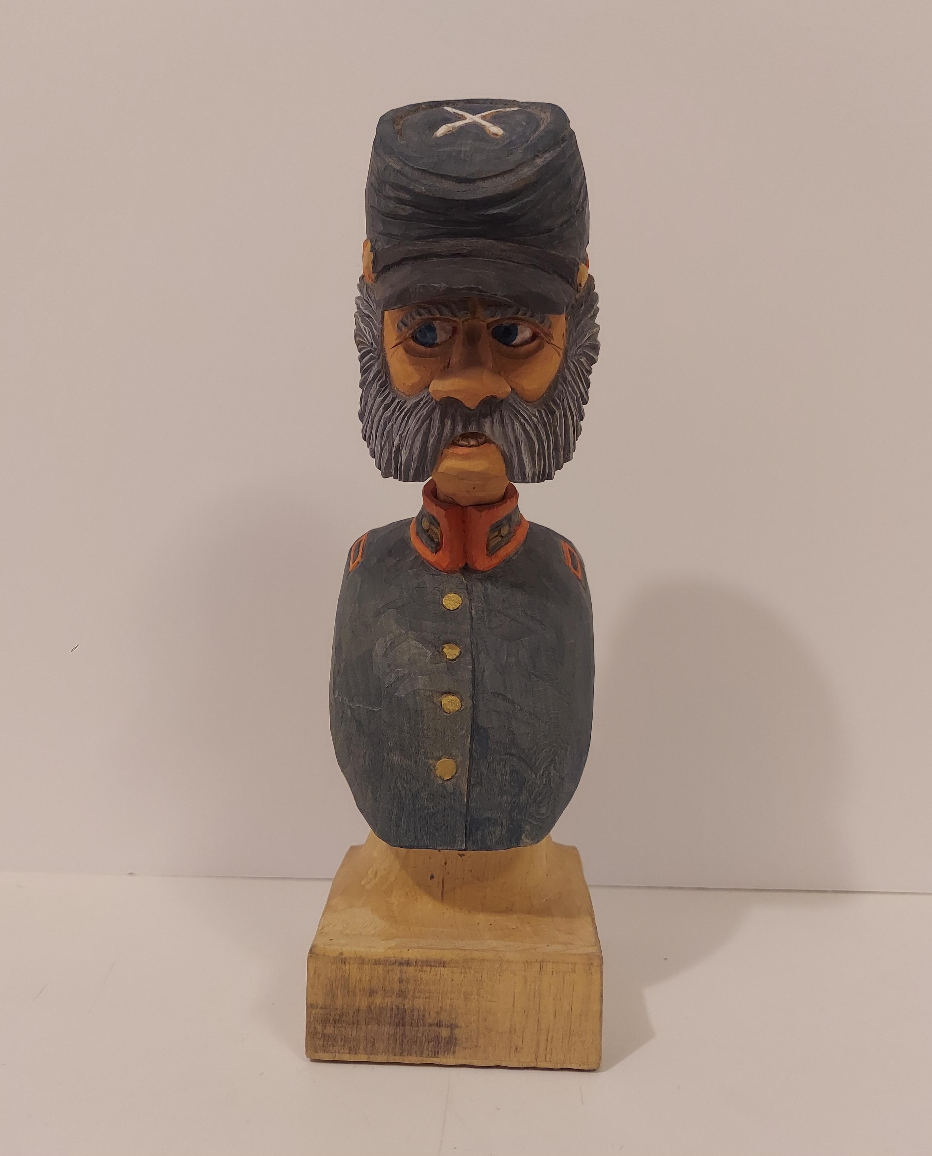 Handcarved Wood Civil War Soldier Figure Bust Signed