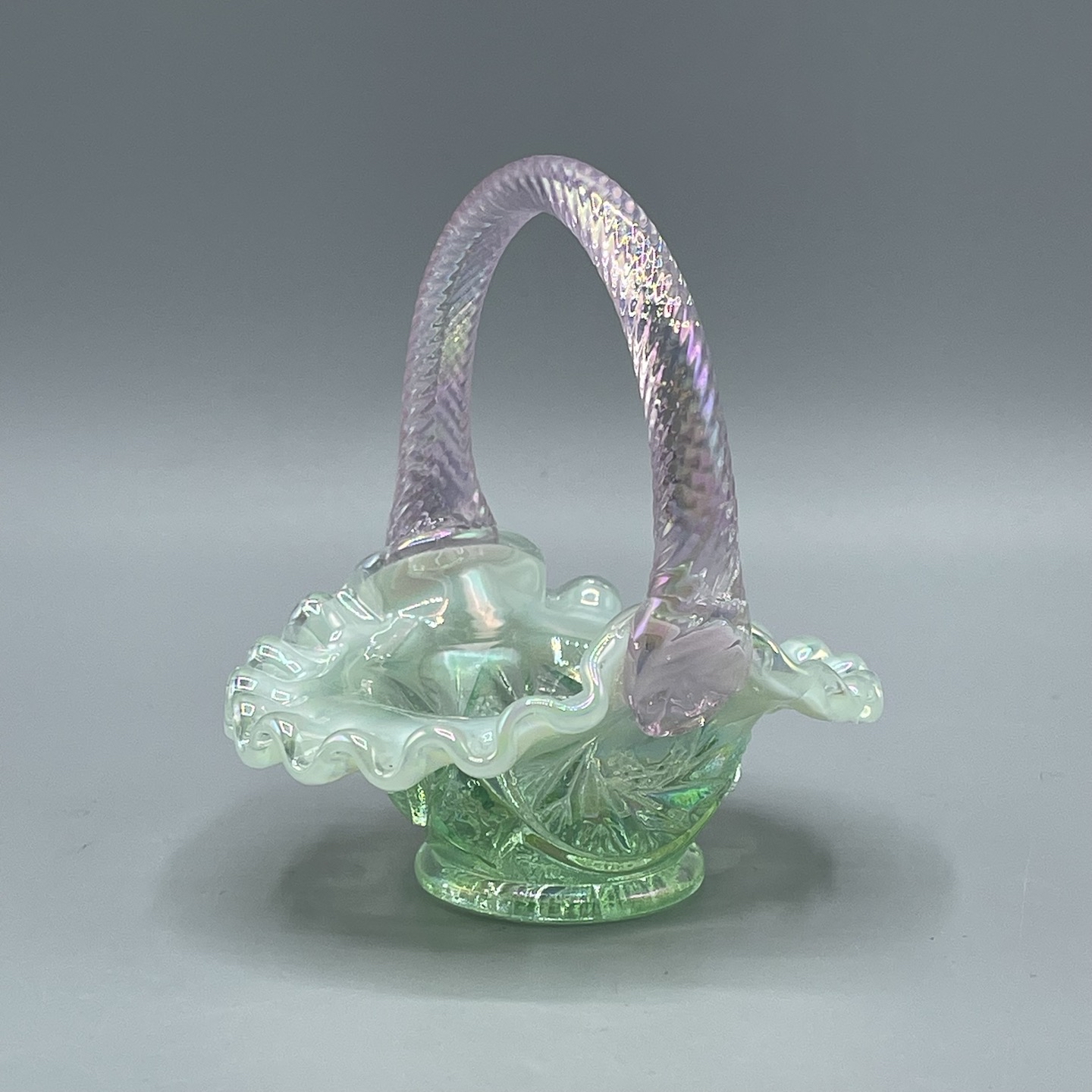 Fenton Mini Basket Pink & Willow Green Iridescent Glass