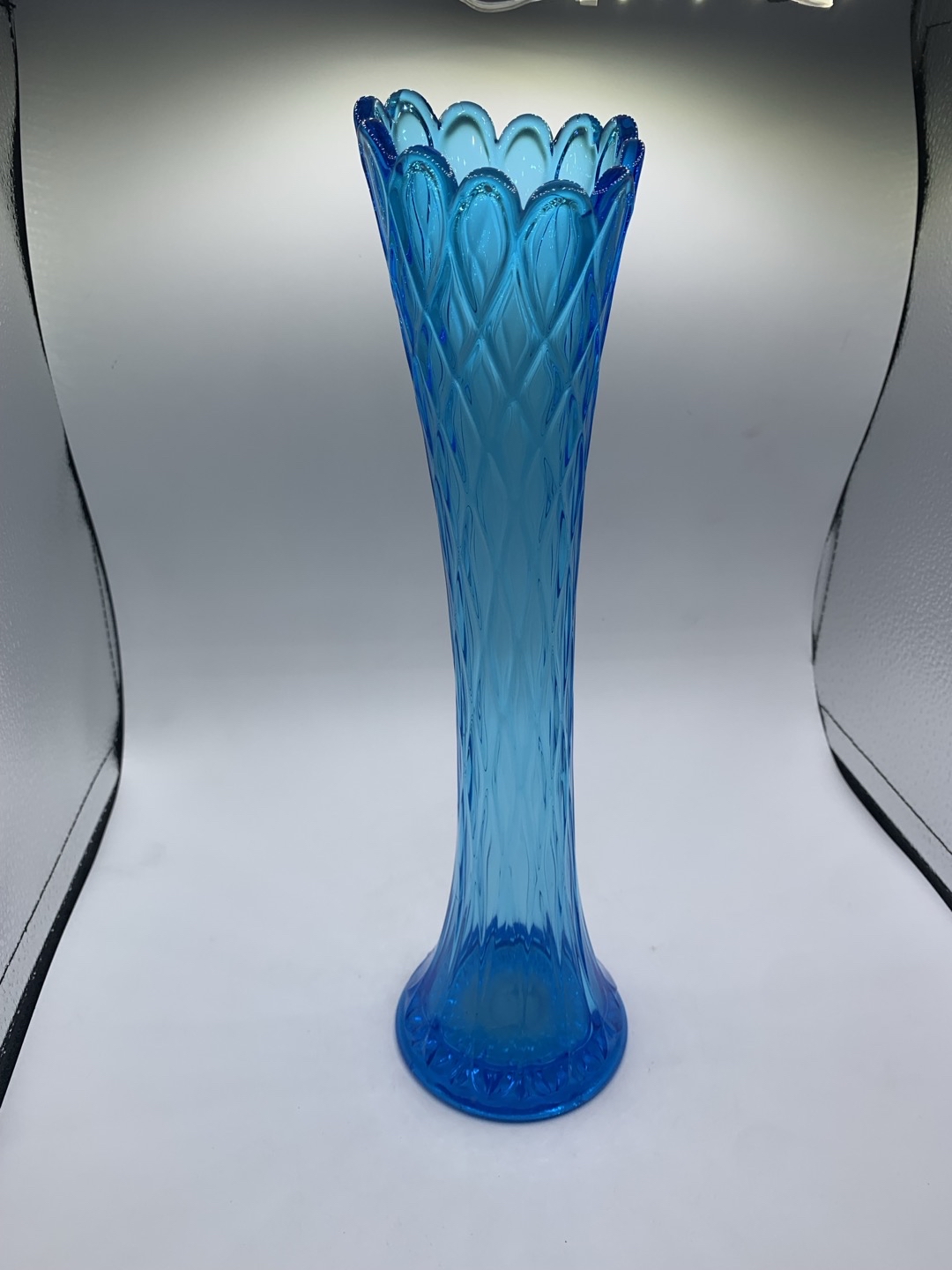Jefferson Glass Co Diamond Oval Thumbprint Blue Swung Vase c 1904, 13” Tall