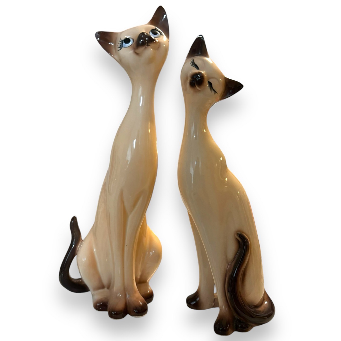 Pair Of Mid Century MCM Ceramic Siamese Cat Tall Figurines