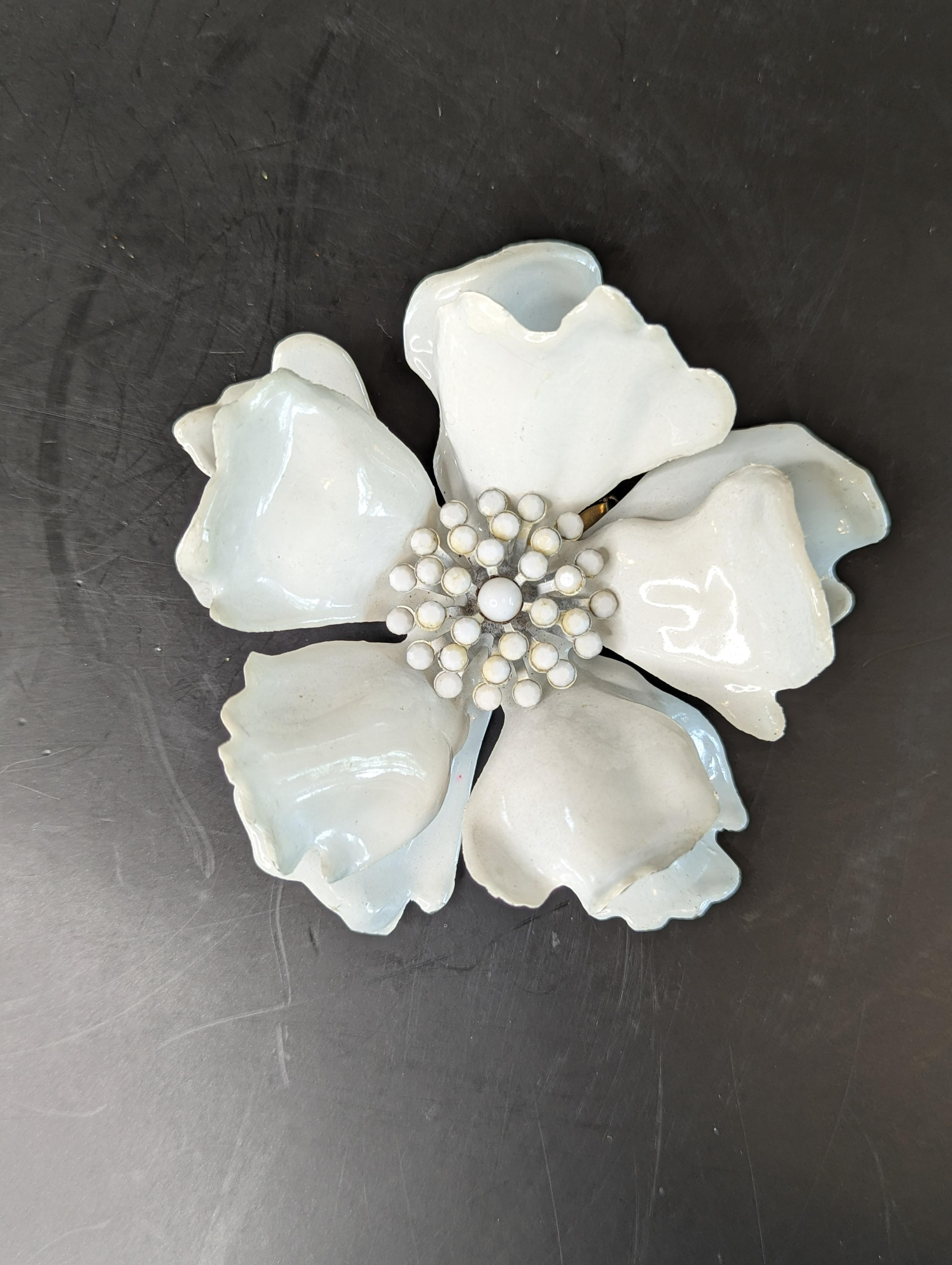 Vintage White Flower Brooch, Pearl Center