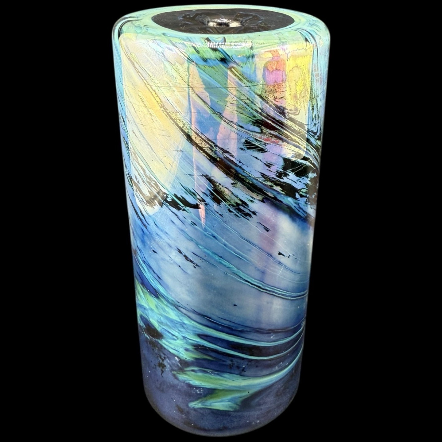 Iridescent Oil Slick Cylinder Glass Vase 5”