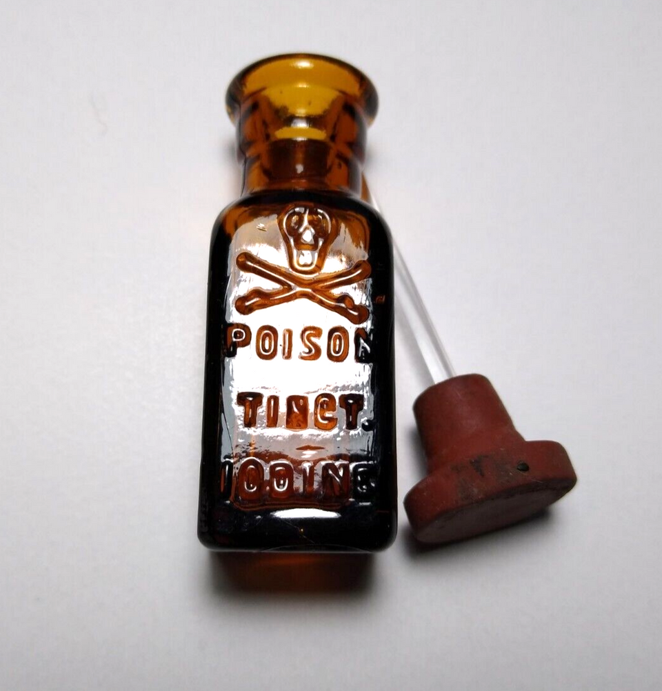 Antique Amber Poison Bottle Dauber Stopper K4 Skull Crossbones TINCT ...