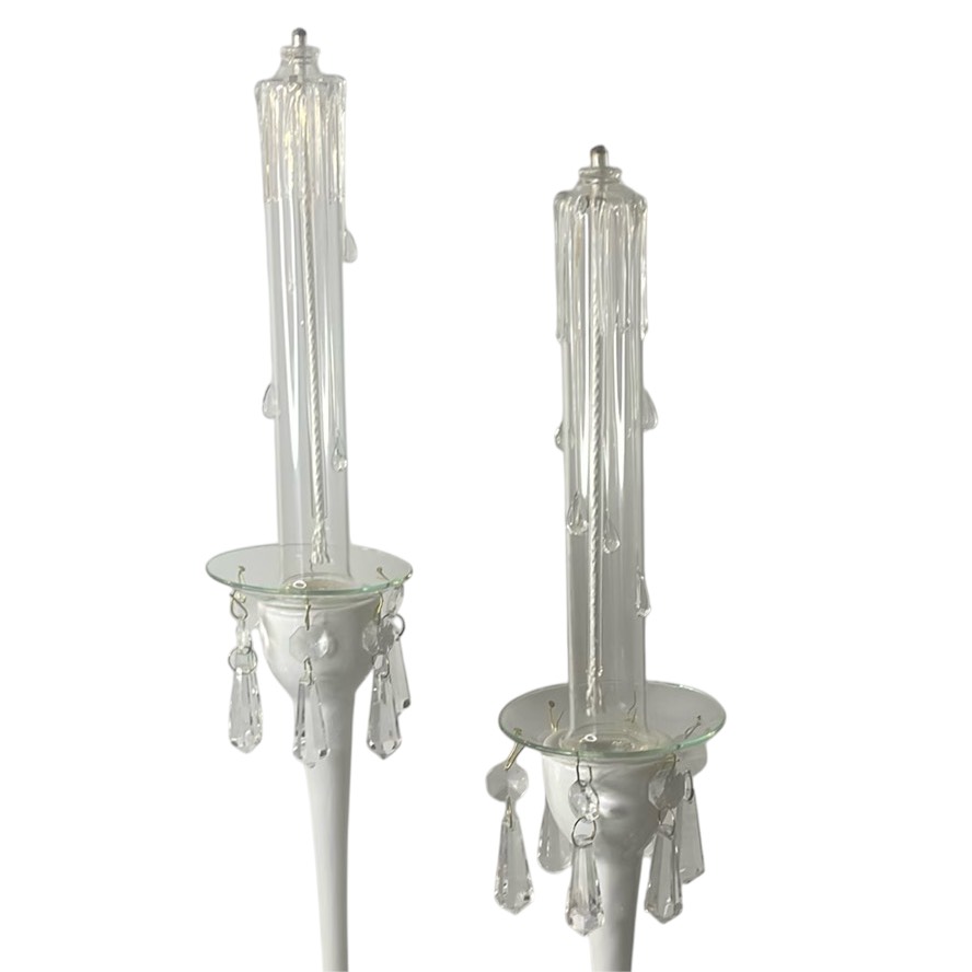 Two Vintage Glass Dripping 9” Candlestick Art Glass Oil Lamps 4 Bobeche ...