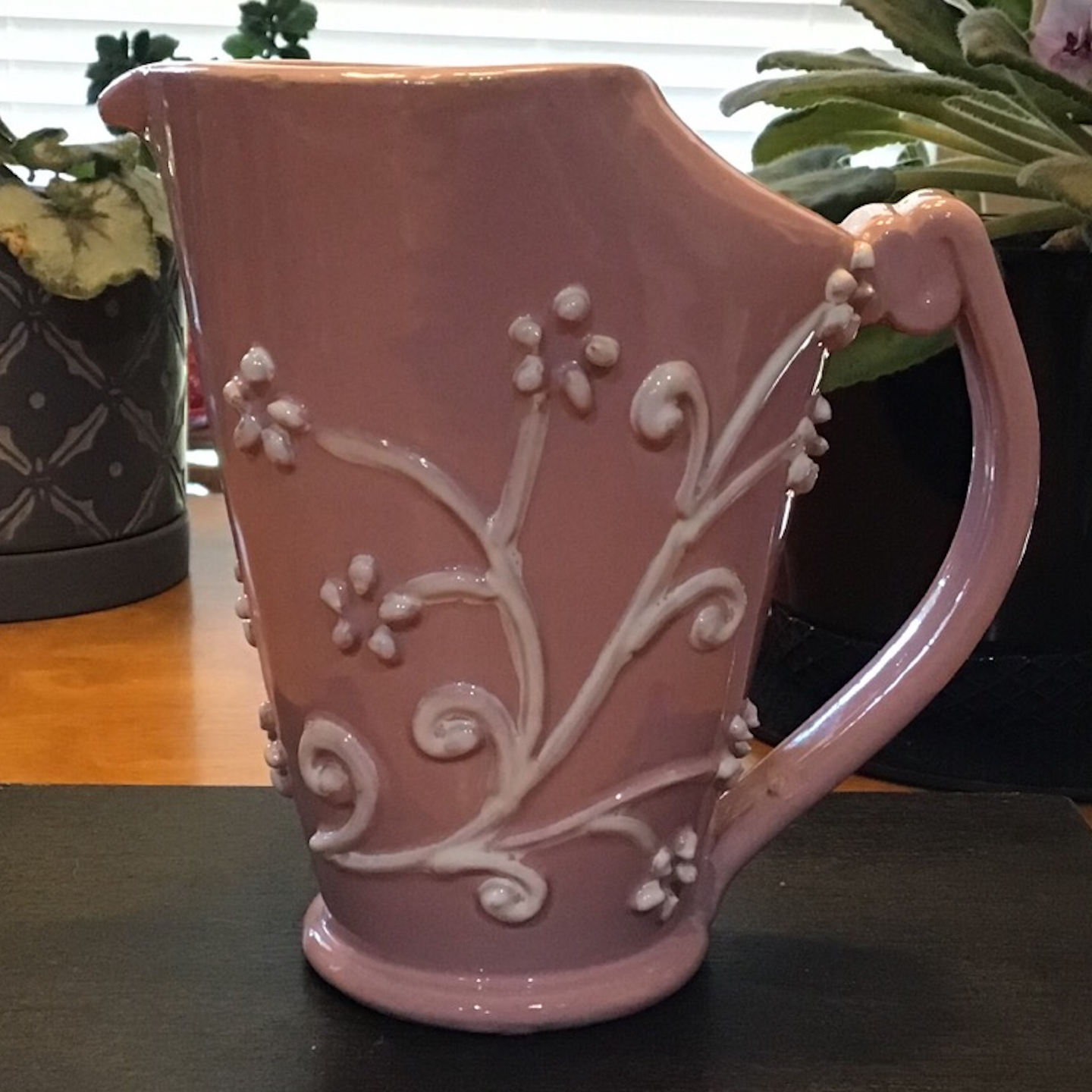 Beautiful Pink Made In Italy Pitcher with White Raised Flower Design