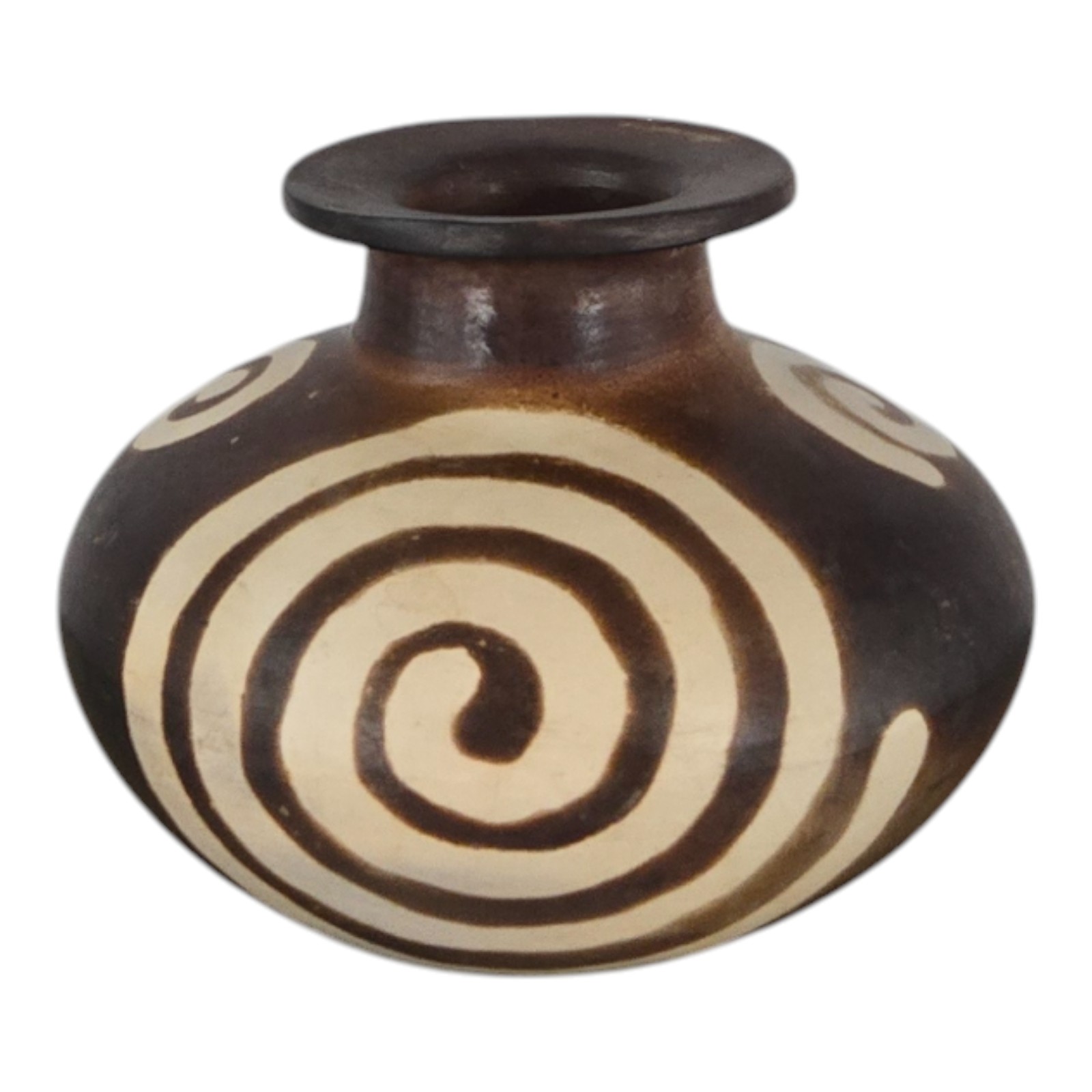 Peruvian Chulucanas Pottery Vase 3.5" Brown Swirl Signed