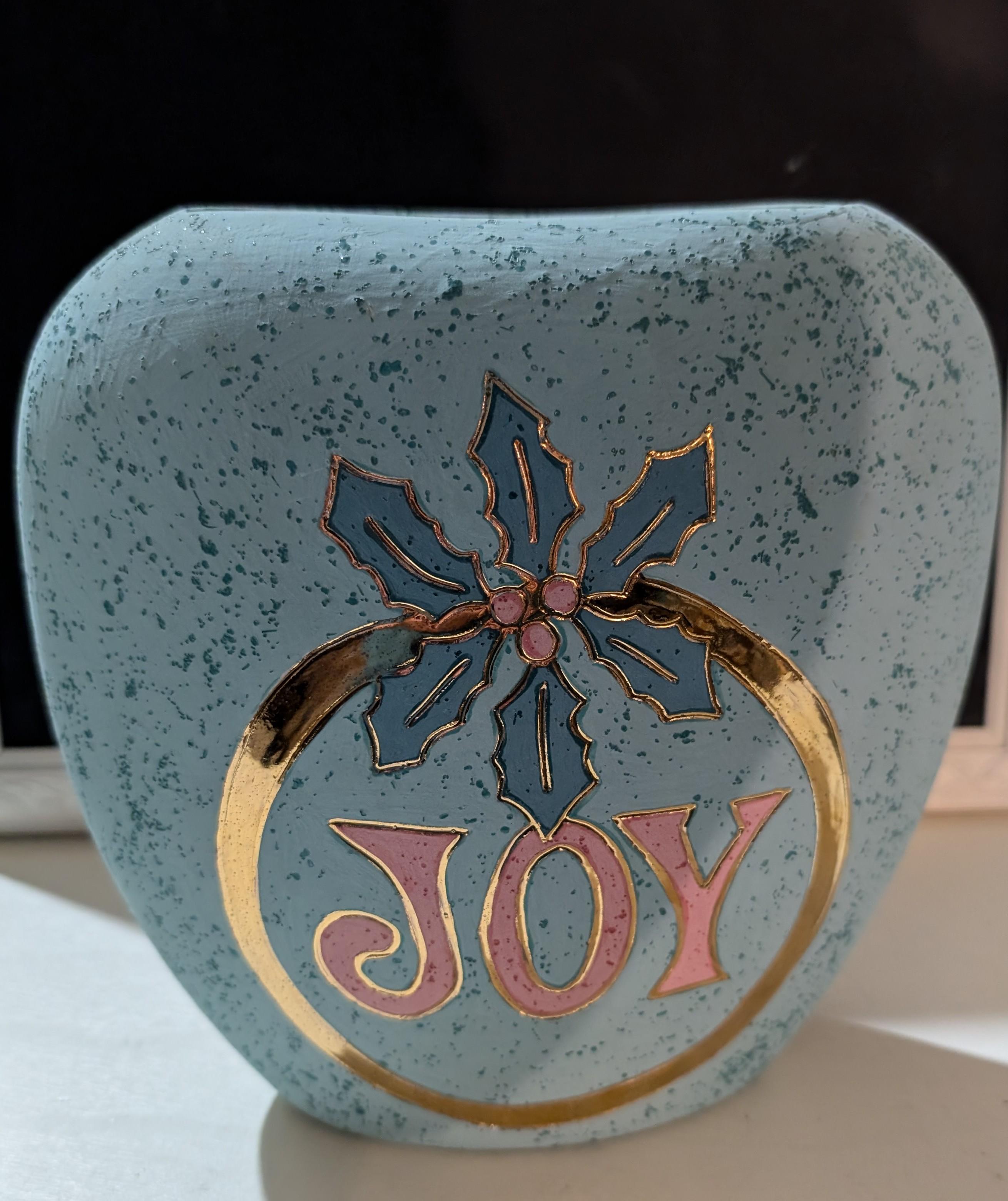 Vintage Blue Spackle Design Ceramic 'JOY' Vase with Holly Design