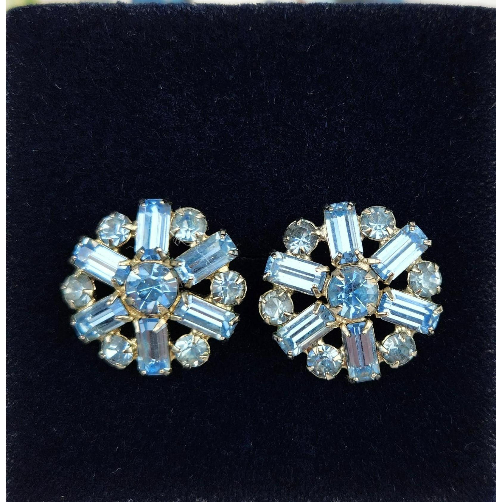Vintage Blue Crystal Earrings Rectangle and Round Faceted Crystals w ...