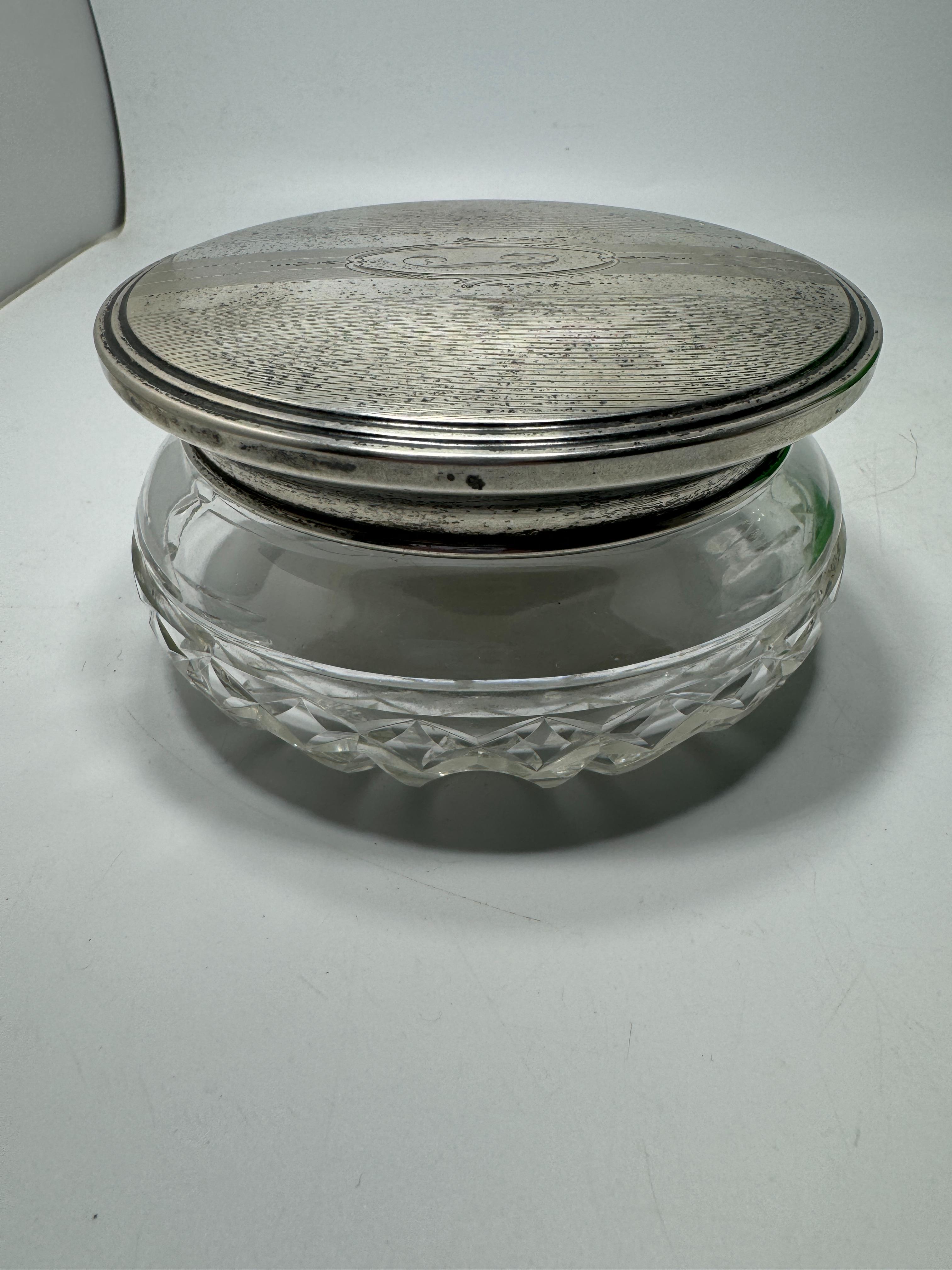 Heavy Antique Cut Crystal Glass Vanity Powder Jar With Silver Plate Lid