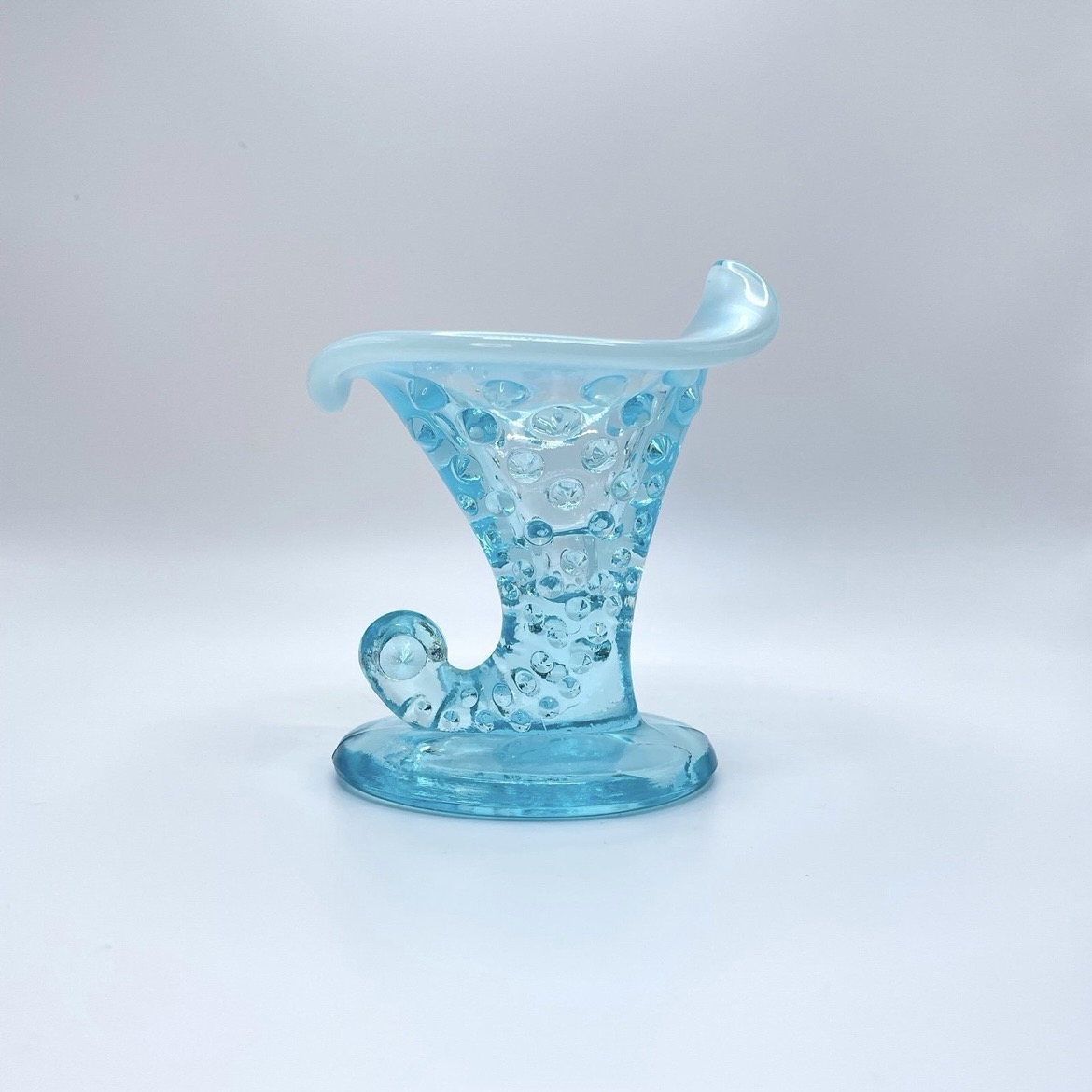 Vintage Fenton Glass Blue Opalescent Hobnail Cornucopia Candle Holder Vase