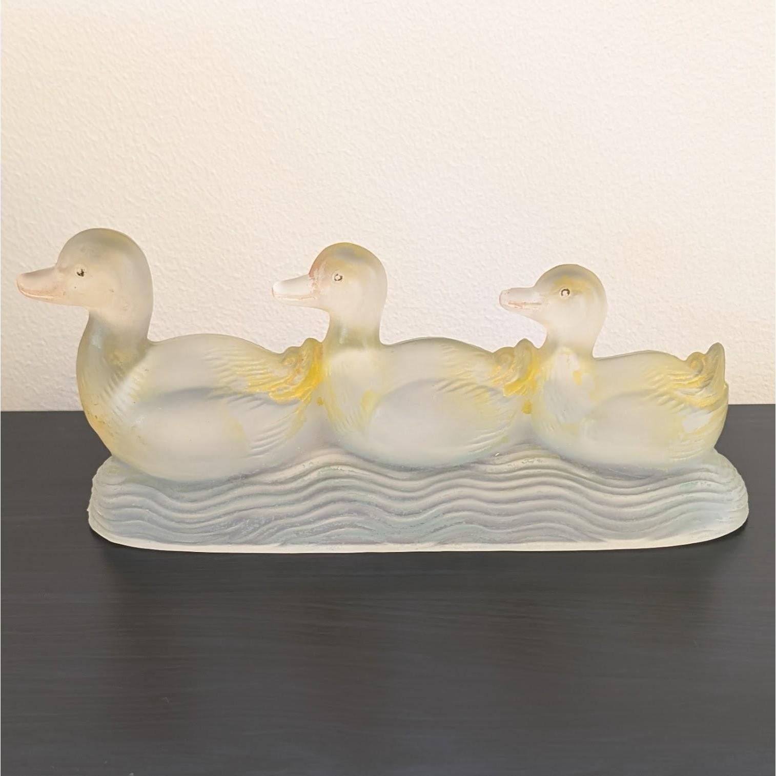 Vintage Frosted Glass Ducks 3 in a Row Swimming 9" K R Haley Glassware Co?