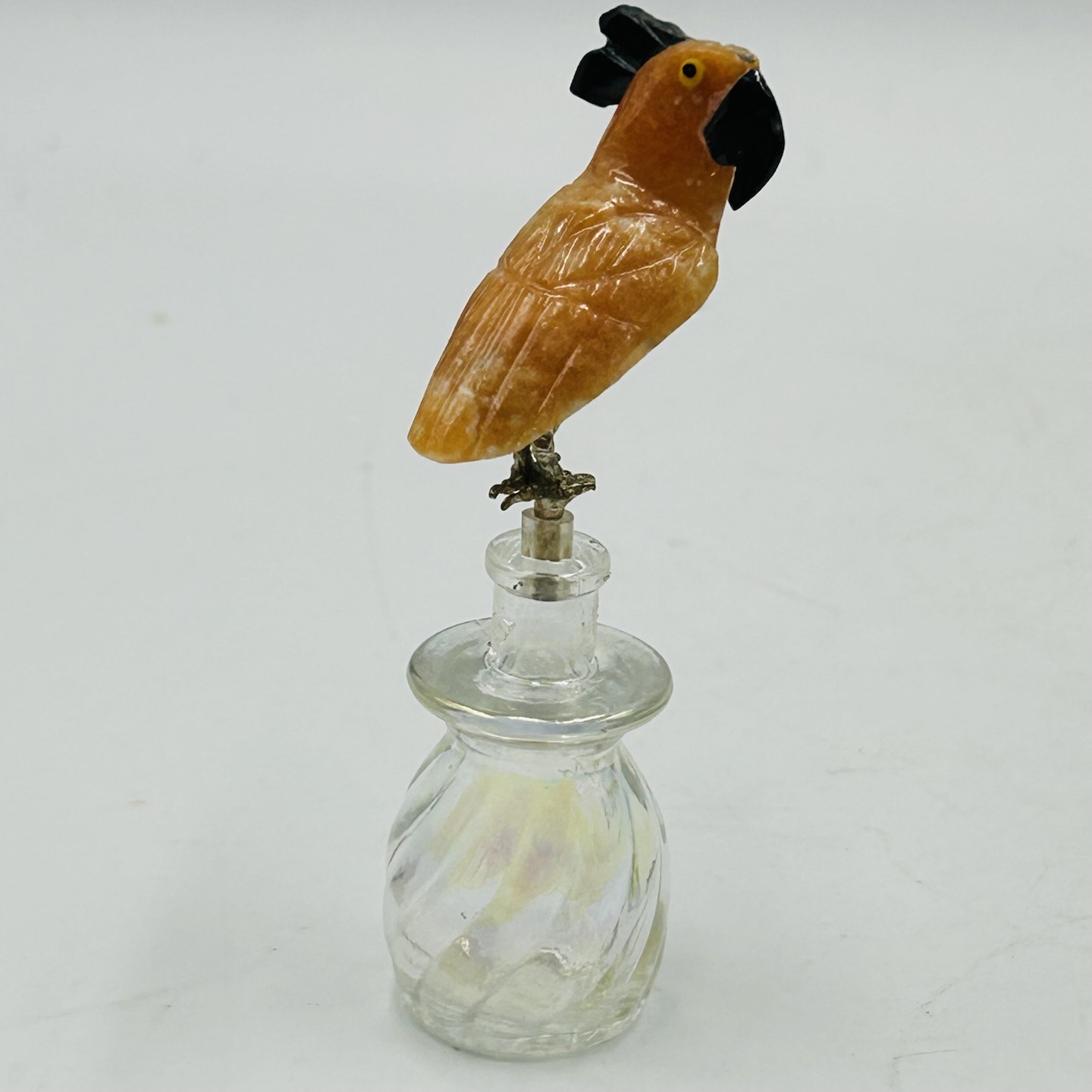 Carved Stone Cockatoo Bird Parrot Iridescent Glass Perfume Bottle 3.25”