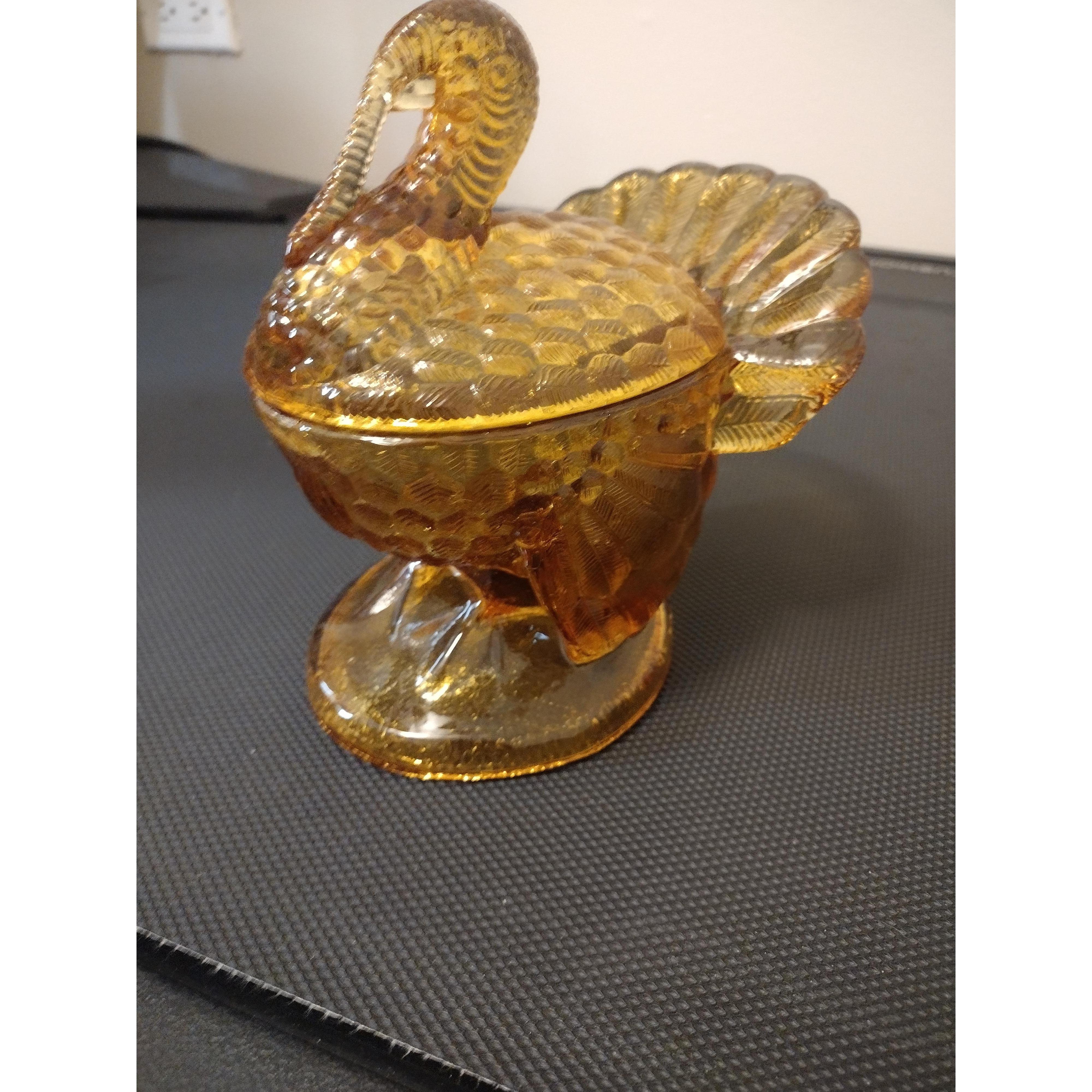 L. E. Smith Amber Turkey Candy Dish with Lid 7" Tall Vintage Home Decor